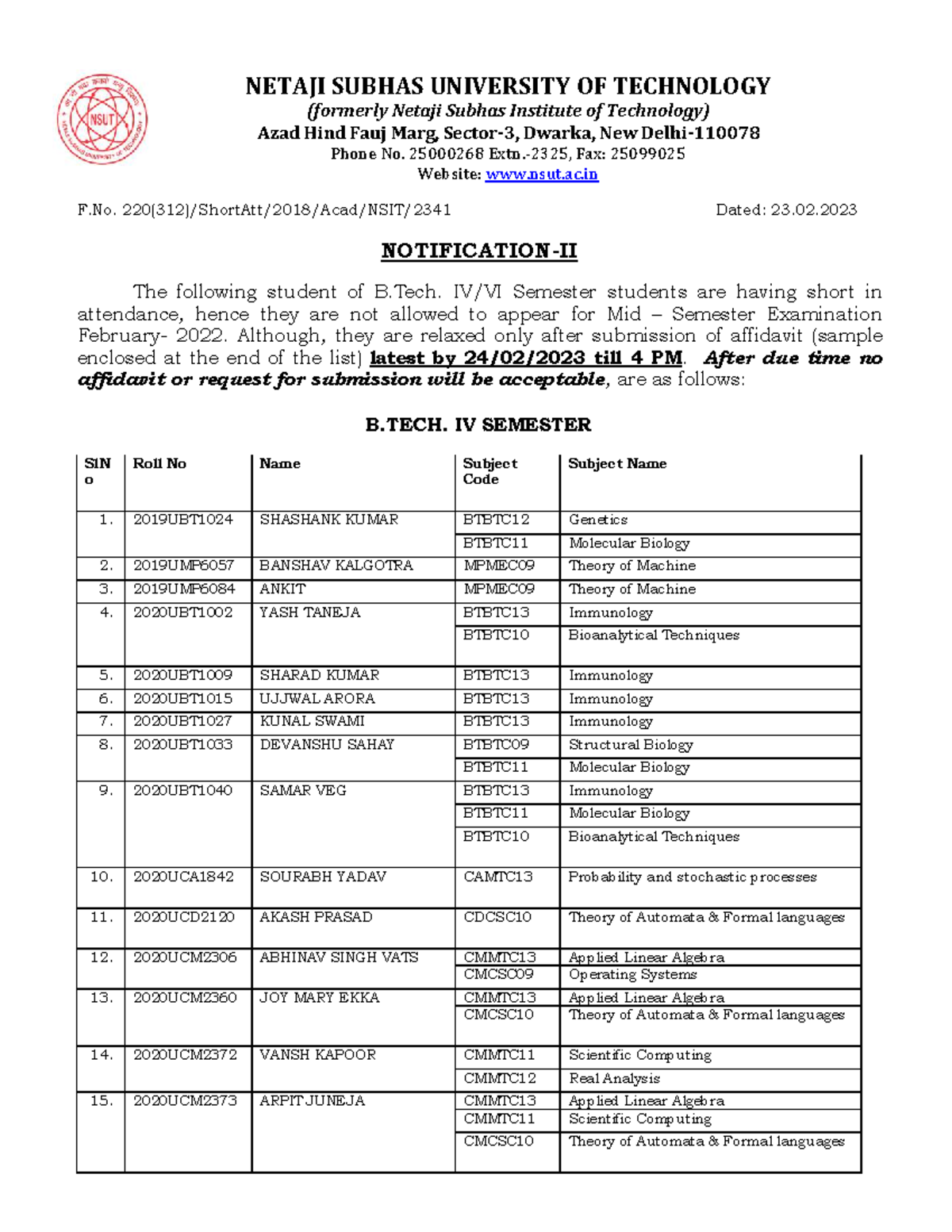 Notification II - Jjjjj - NETAJI SUBHAS UNIVERSITY OF TECHNOLOGY (formerly Netaji Subhas ...