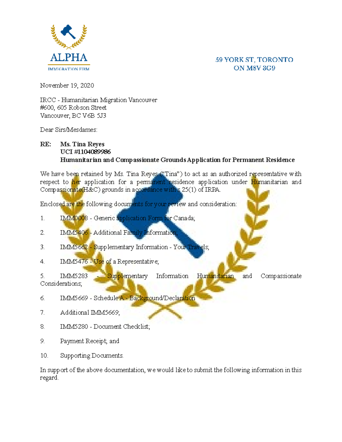 Submission Letter for Tina Reyes - November 19, 2020 IRCC ...