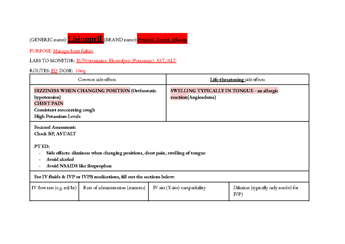 Formative drug cards - (GENERIC name): Lisinopril (BRAND name ...