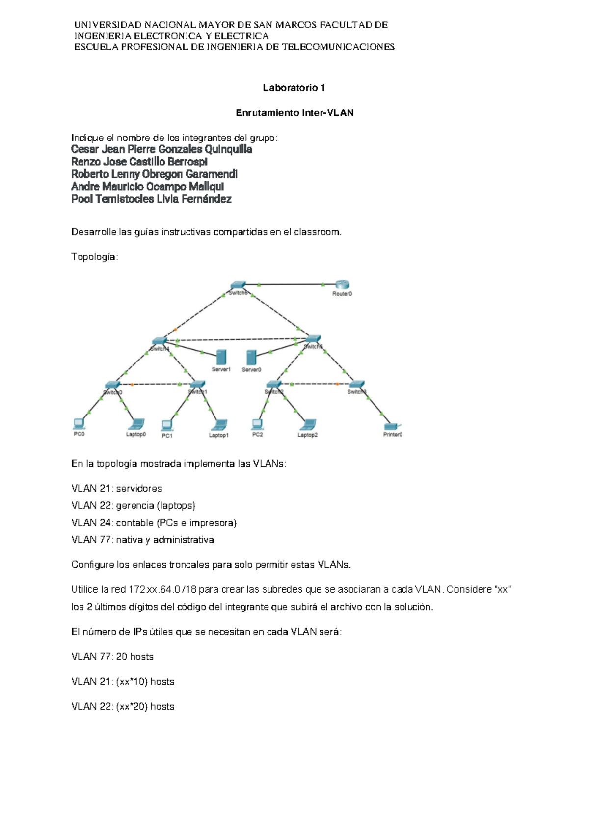 Redes 2-Laboratorio 1 - asdadasd - INGENIERIA ELECTRONICA Y ELECTRICA ESCUELA PROFESIONAL DE ...