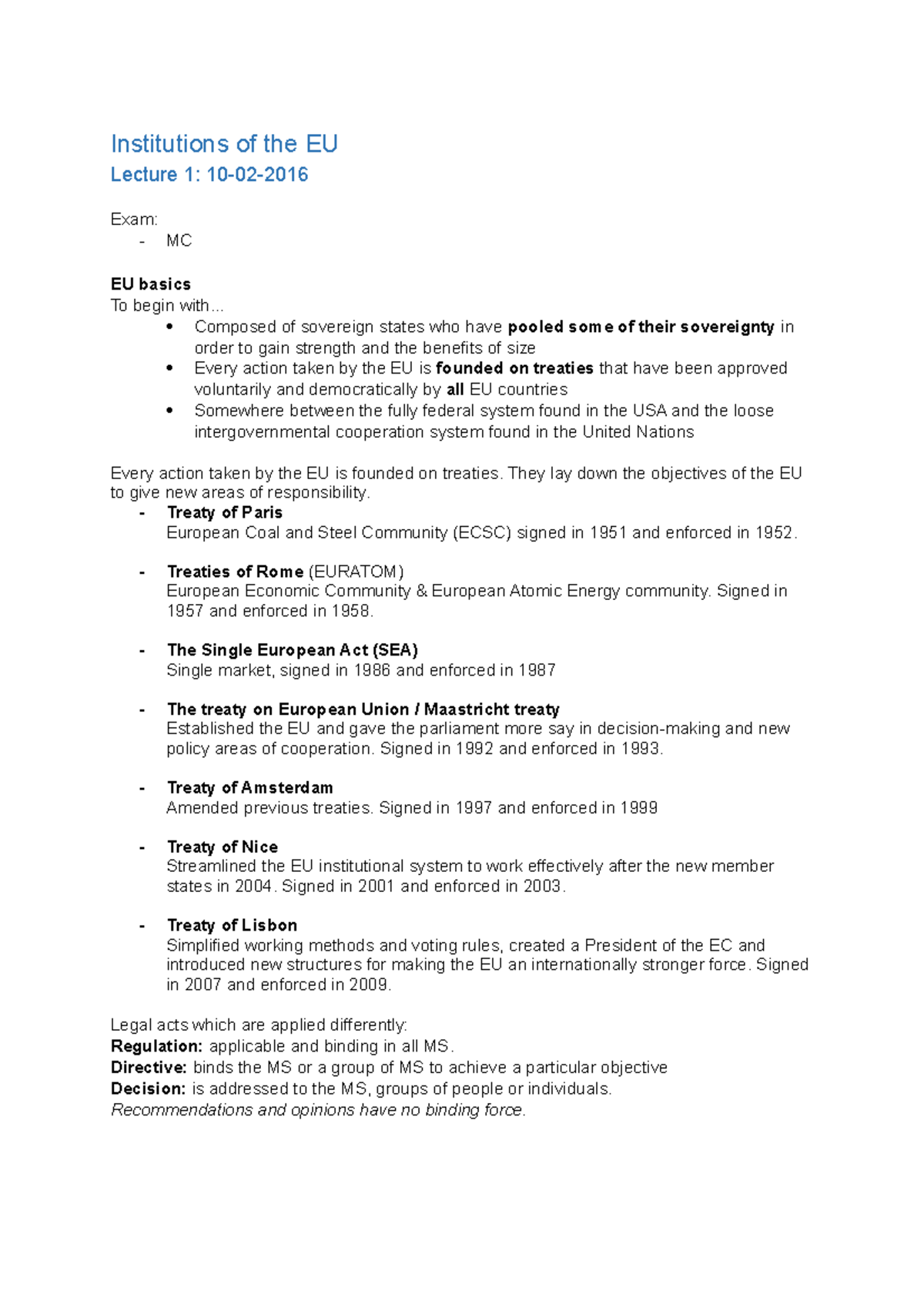 Summary - Complete - Institutions of the EU Lecture 1: Exam: MC EU ...