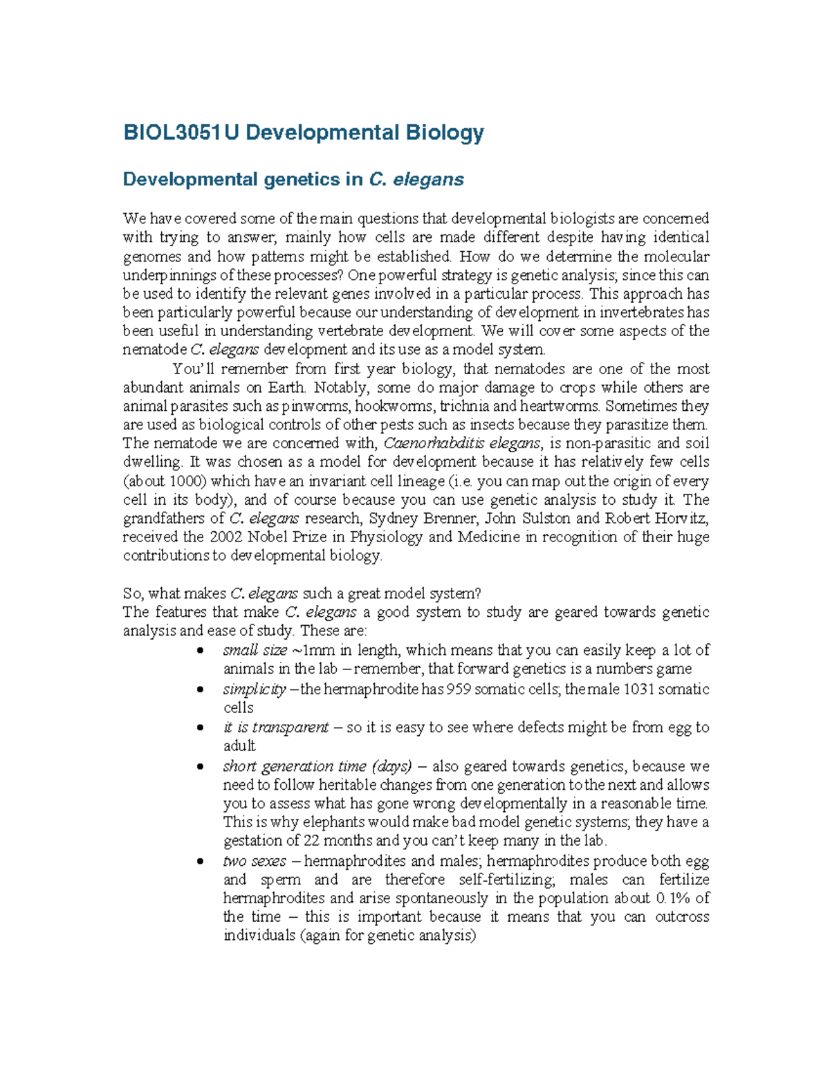 Developmental genetics in C. elegans - BIOL3051U Developmental Biology ...