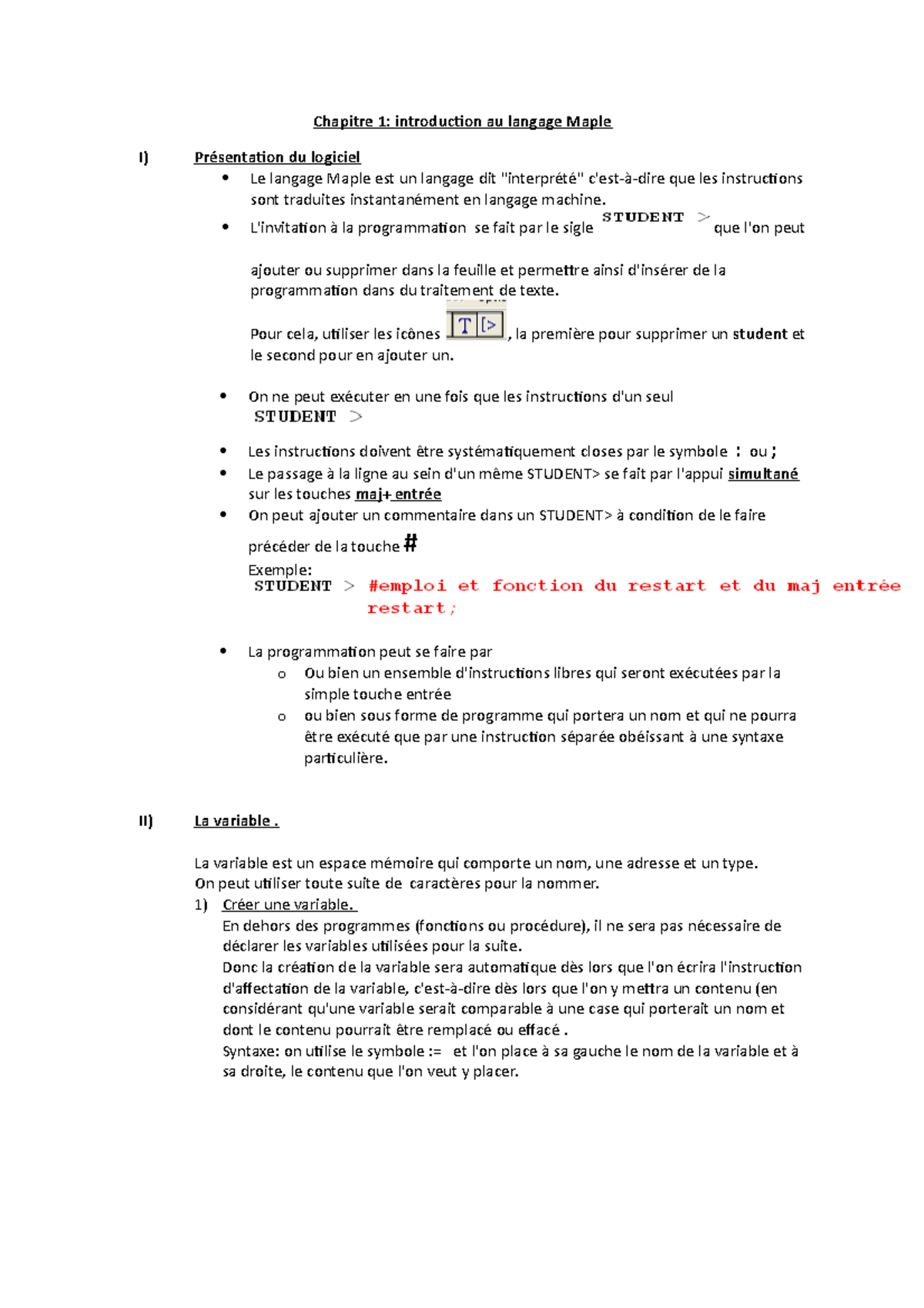 Maple TD1 chapitre 1 la variable Maple - Chapitre 1: introduction au ...