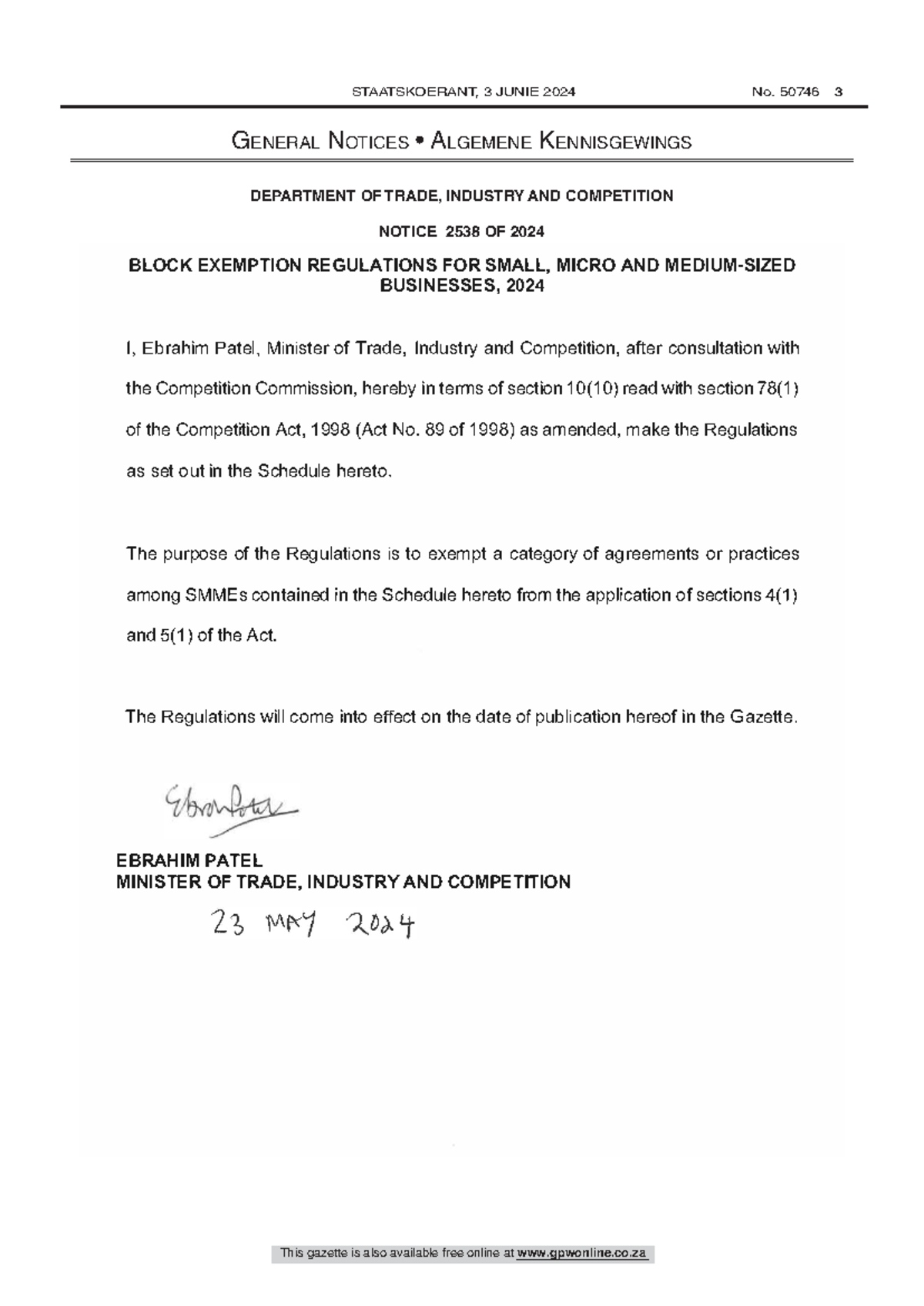 Government Gazette 50764 3 June 2024 Block Exemption regulations ...