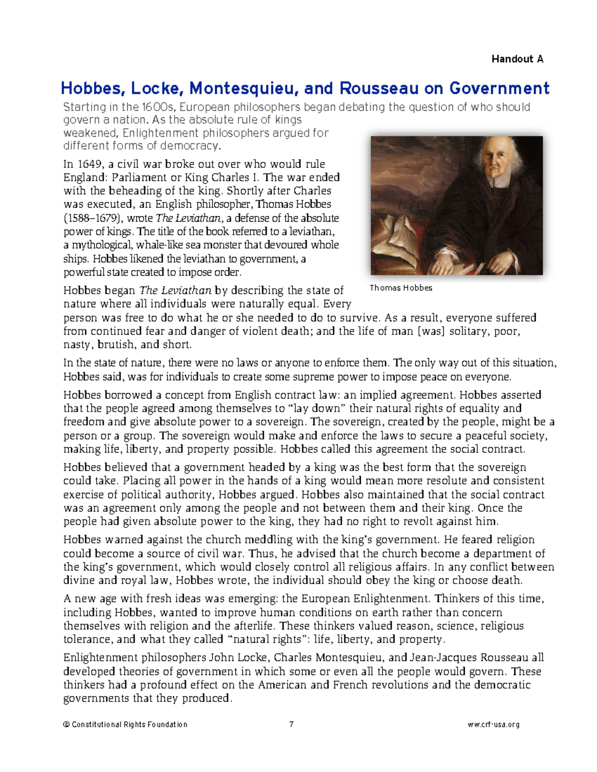 Political Philosophers Reading - Handout A Hobbes, Locke, Montesquieu ...