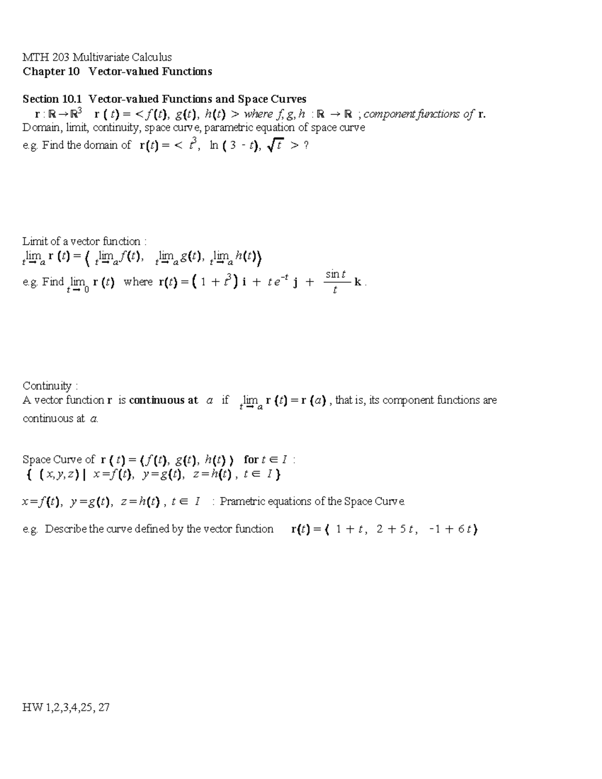 Chapter 10 - MTH 203 Multivariate Calculus Chapter 10 Functions Section ...