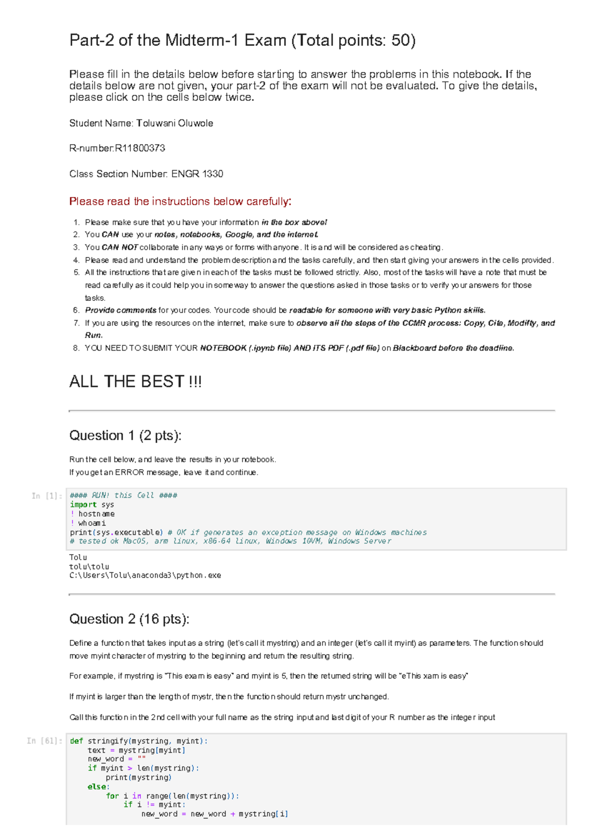 Exam1Part2 - Professor Turgut Batulrap - Part-2 of the Midterm-1 Exam (Total points: 50) Please ...