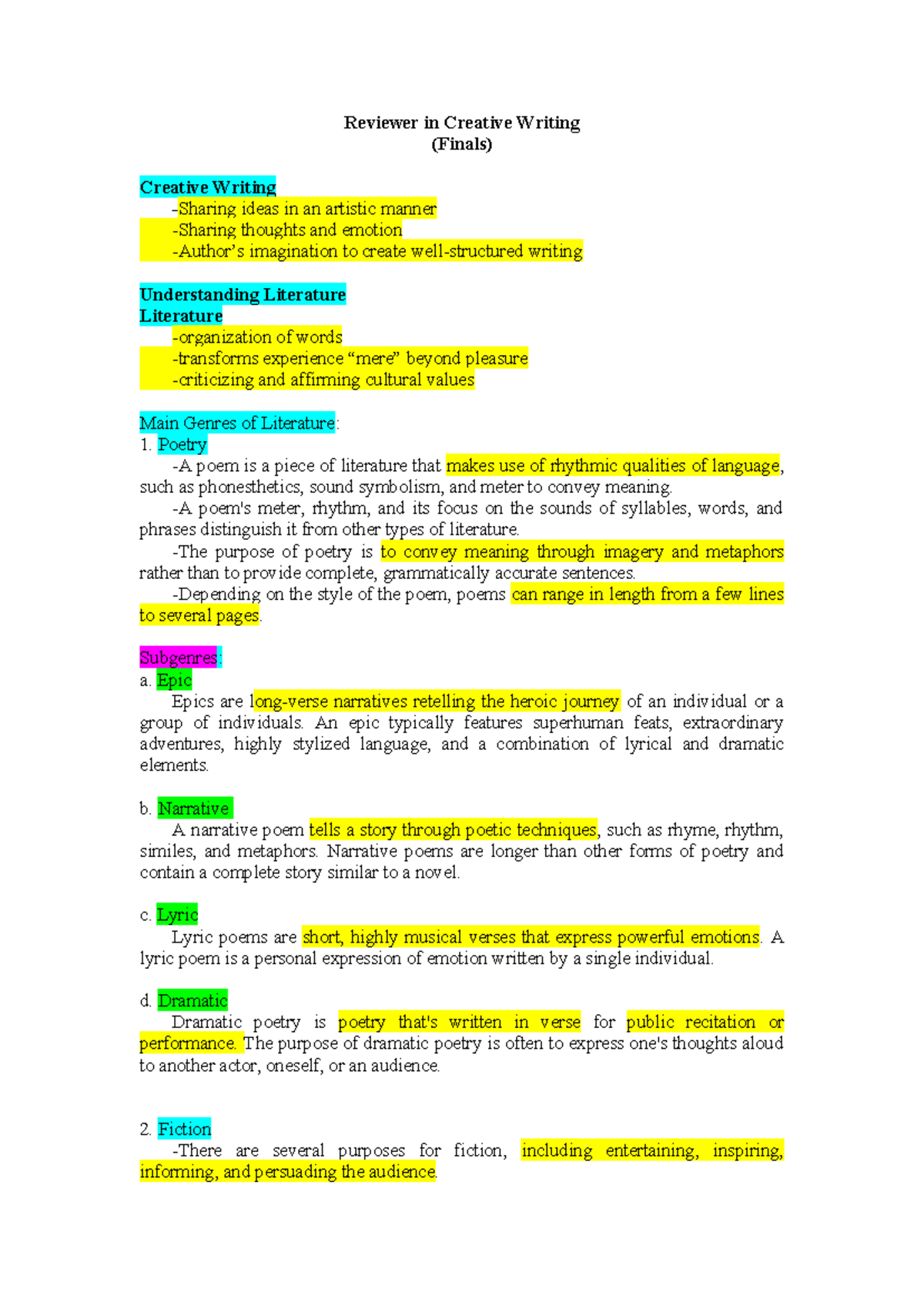 Reviewer IN Creative Writing Finals - Reviewer in Creative Writing (Finals) Creative Writing ...