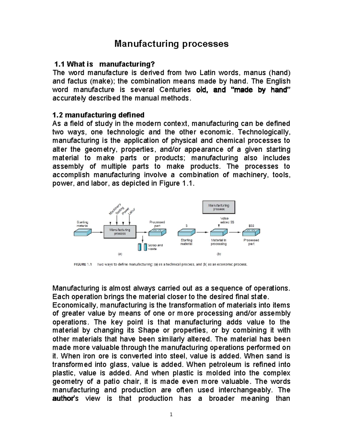 UNIT I Introduction to Manufacturing Process and Basic Concept ...