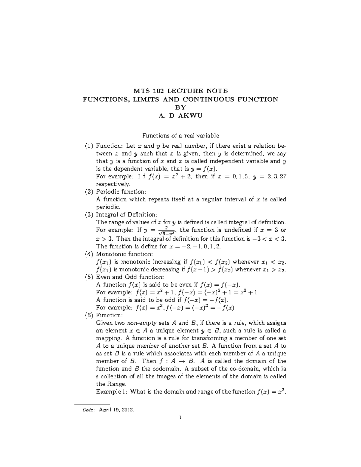 Functions Limits And Continuous Function A Functions Limits And Continuous Function By A D