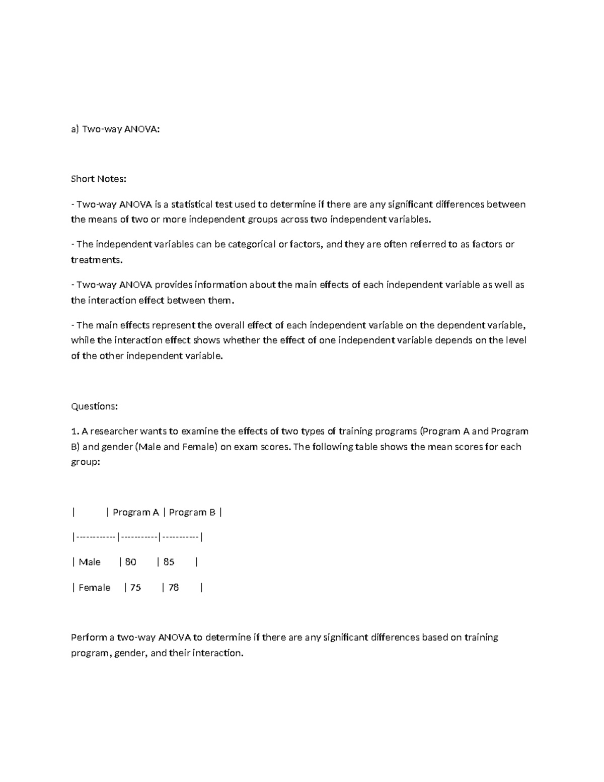 A) Bca 318-management statistics - a) Two-way ANOVA: Short Notes: Two ...