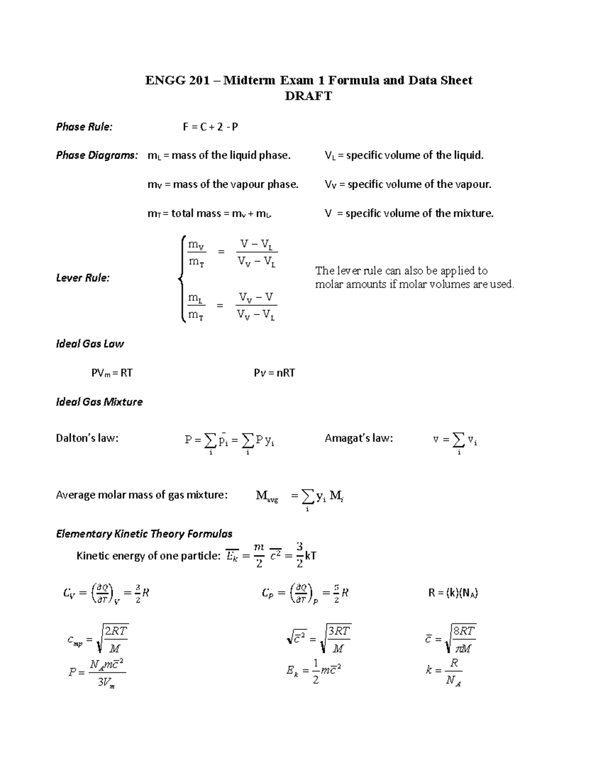 ENGG 201 - Midterm 2019 - Formula Sheet - Warning: TT: undefined function: 32 ENGG 201 – Midterm ...