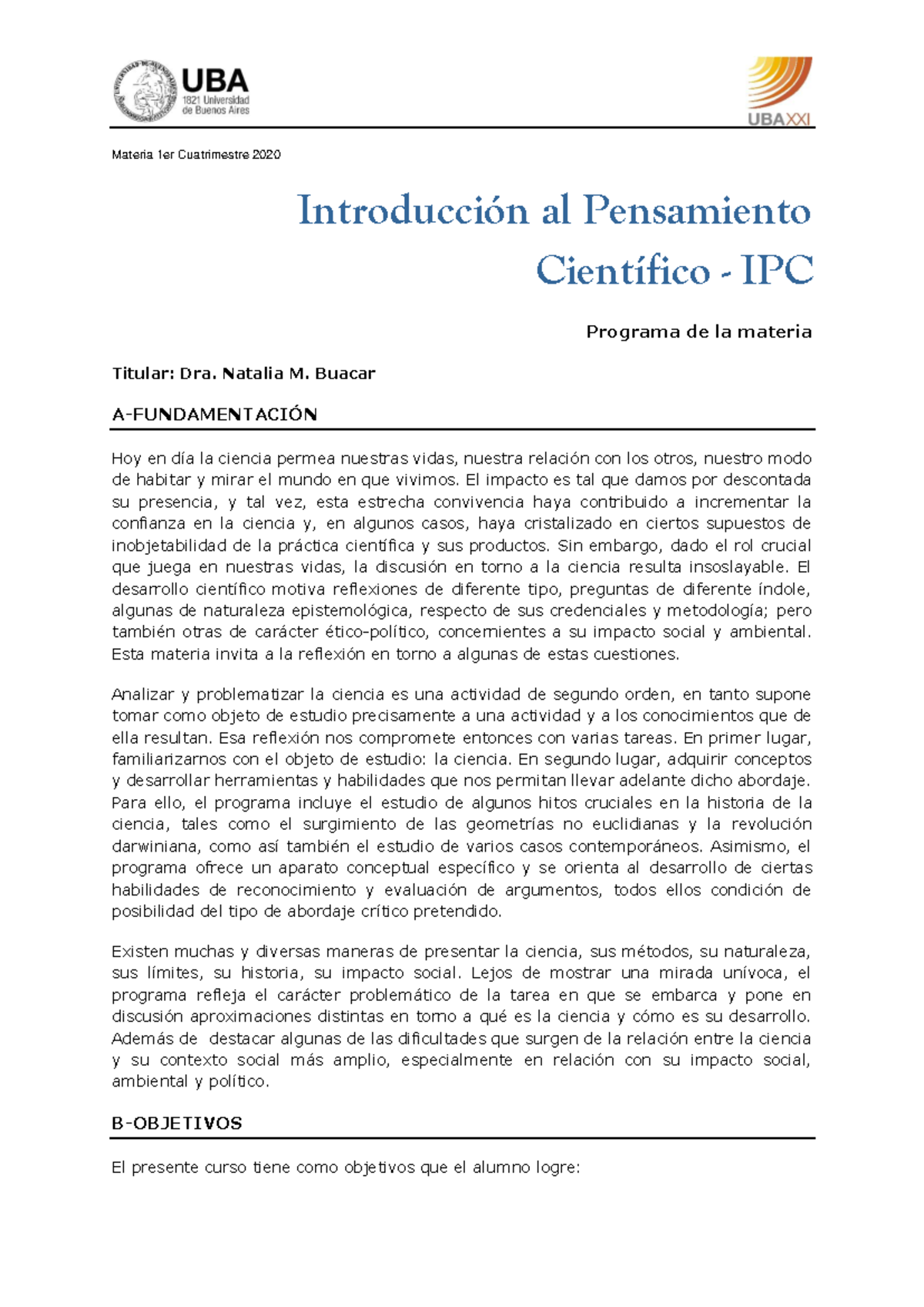 Programa IPC 1 - Materia 1er Cuatrimestre 2020 Introducción al Pensamiento Científico - IPC ...