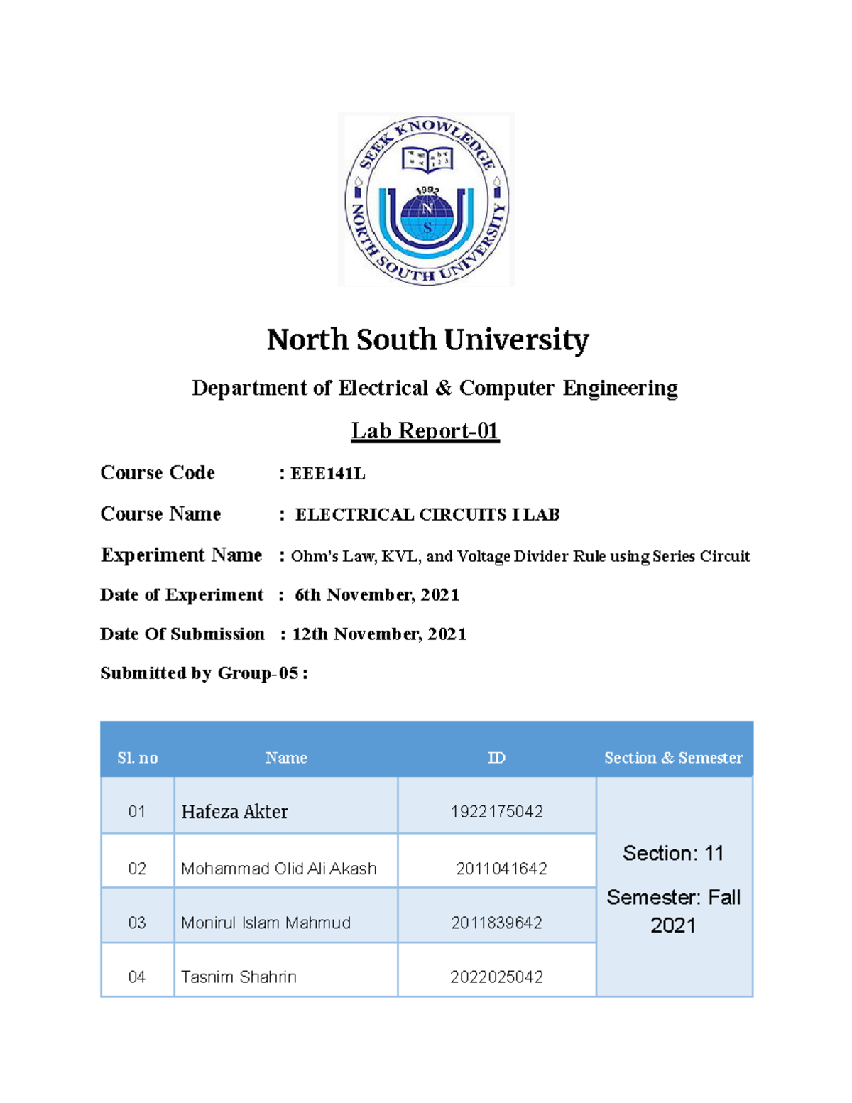 EEE141L Group no.5 LAB Report-01 - North South University Department of Electrical & Computer ...