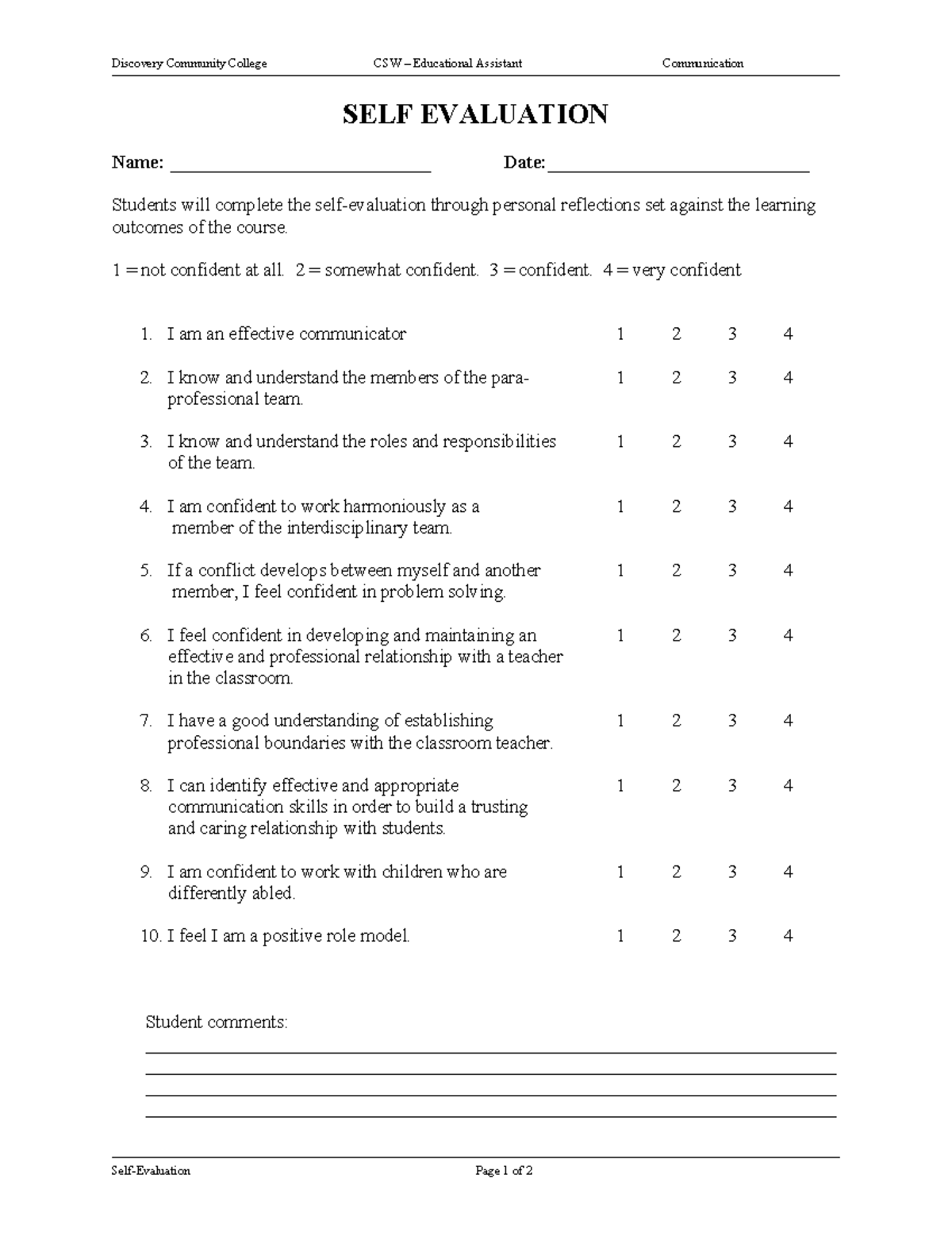 Self-Evaluation EA - self evaluation - Discovery Community College CSW ...