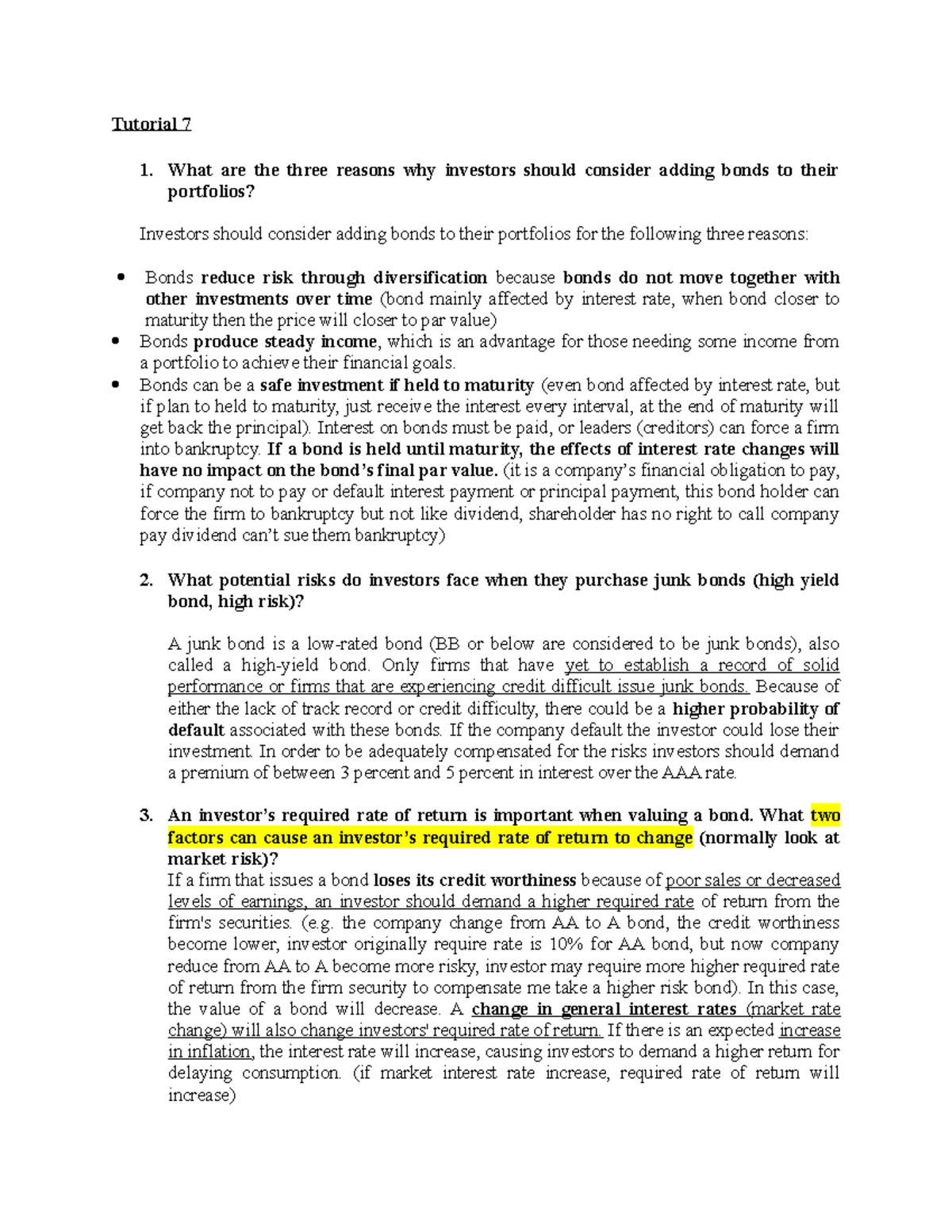 Tutorial 7 Ans Bond, Mutual Fund, real estate - Tutorial 7 1. What are ...