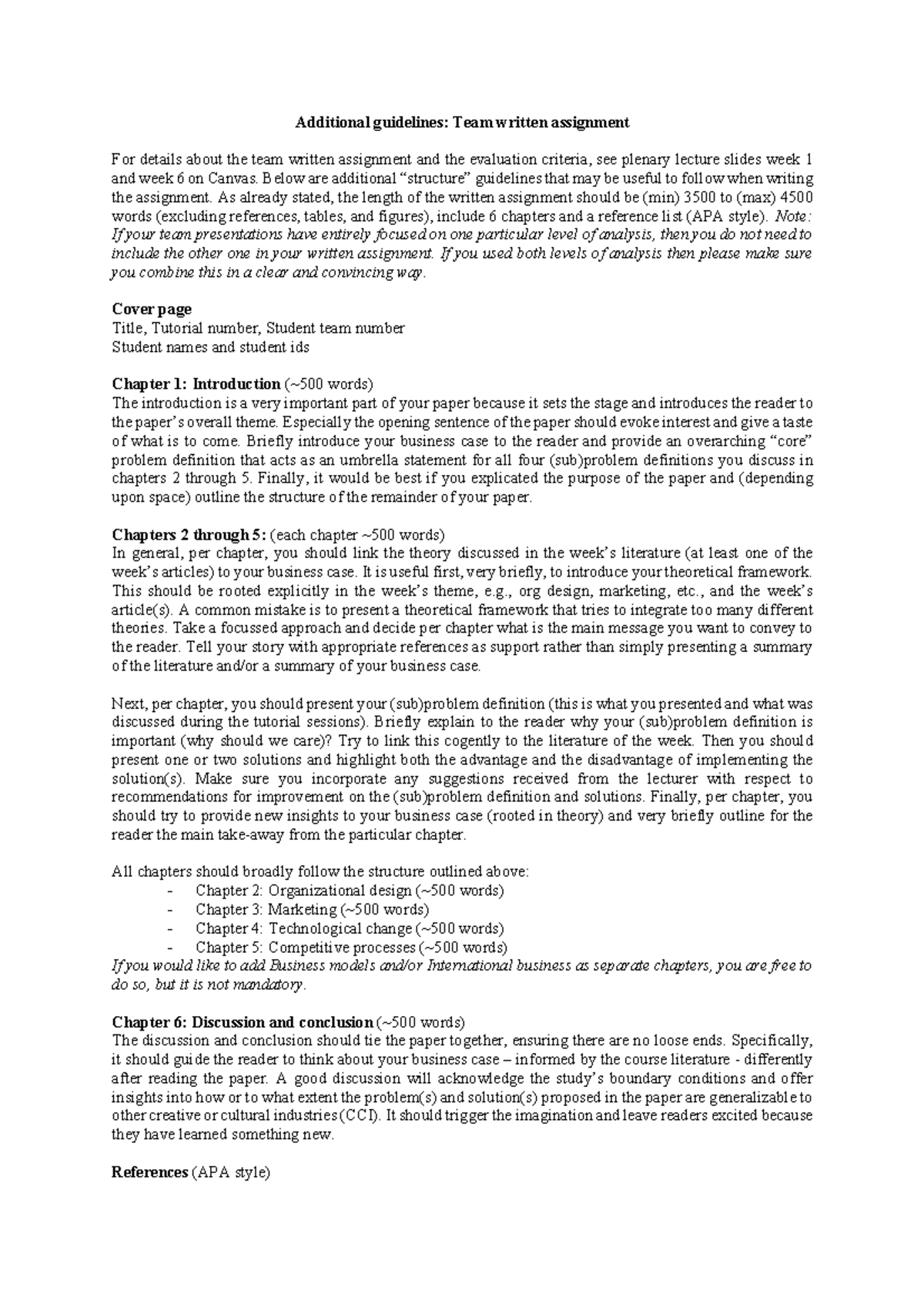 Additional guidelines - team written assignment - Additional guidelines ...