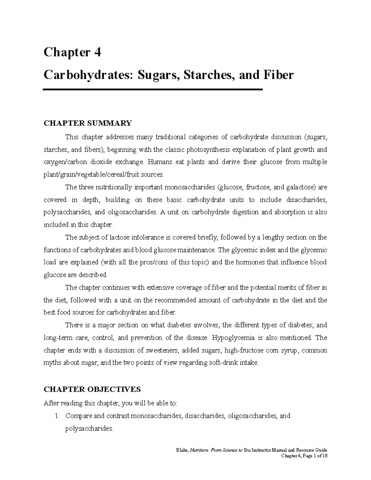 Carbohydrates: Sugars, Starches, and Fiber - Chapter 4 Carbohydrates ...