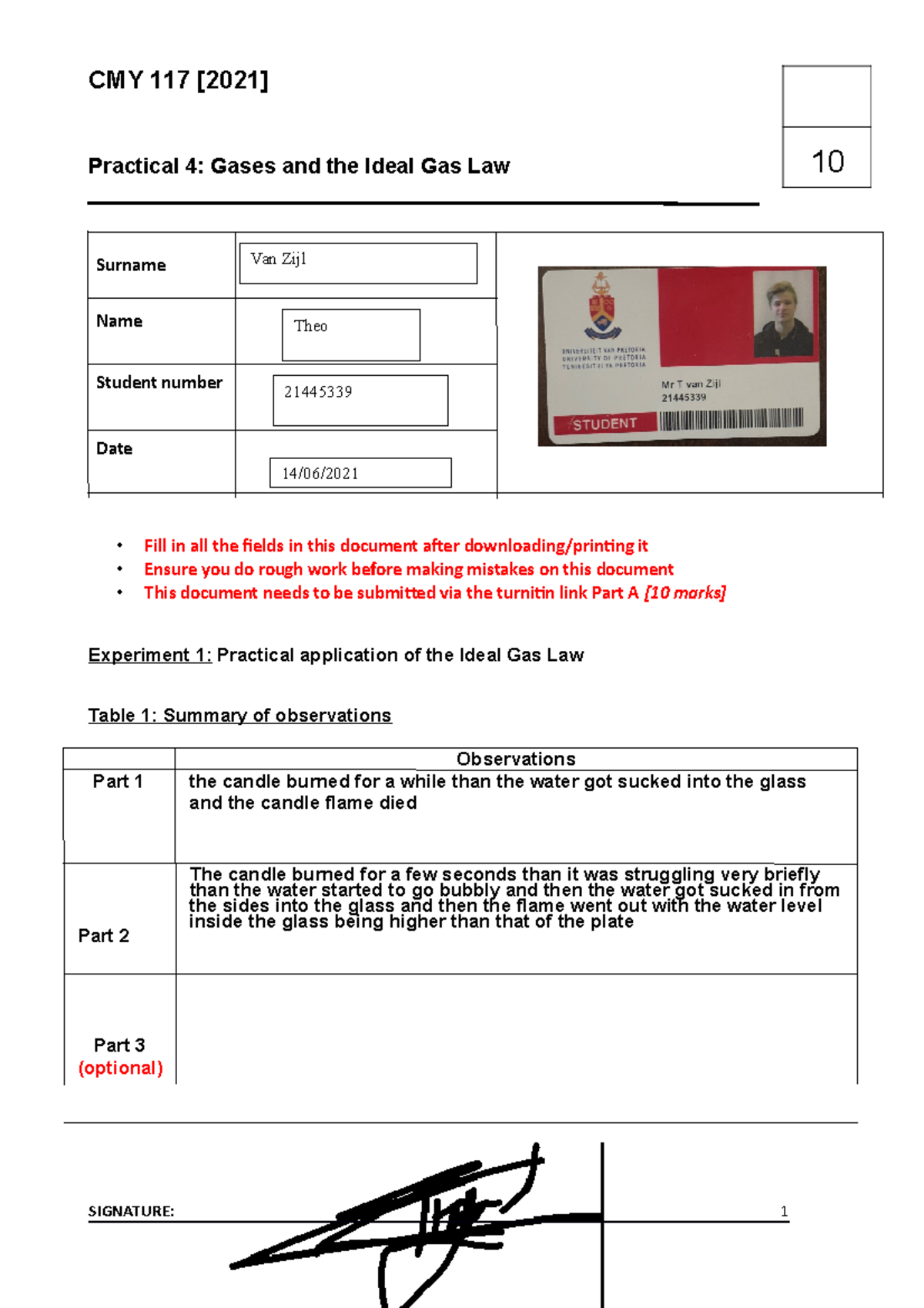 CMY 117 Practical 4 Report Sheet Gases and The Ideal Gas Law - CMY 117 ...
