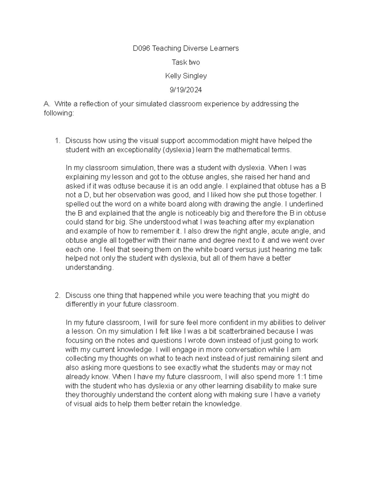 D096 Task 2 - Task 2 - D096 Teaching Diverse Learners Task two Kelly ...