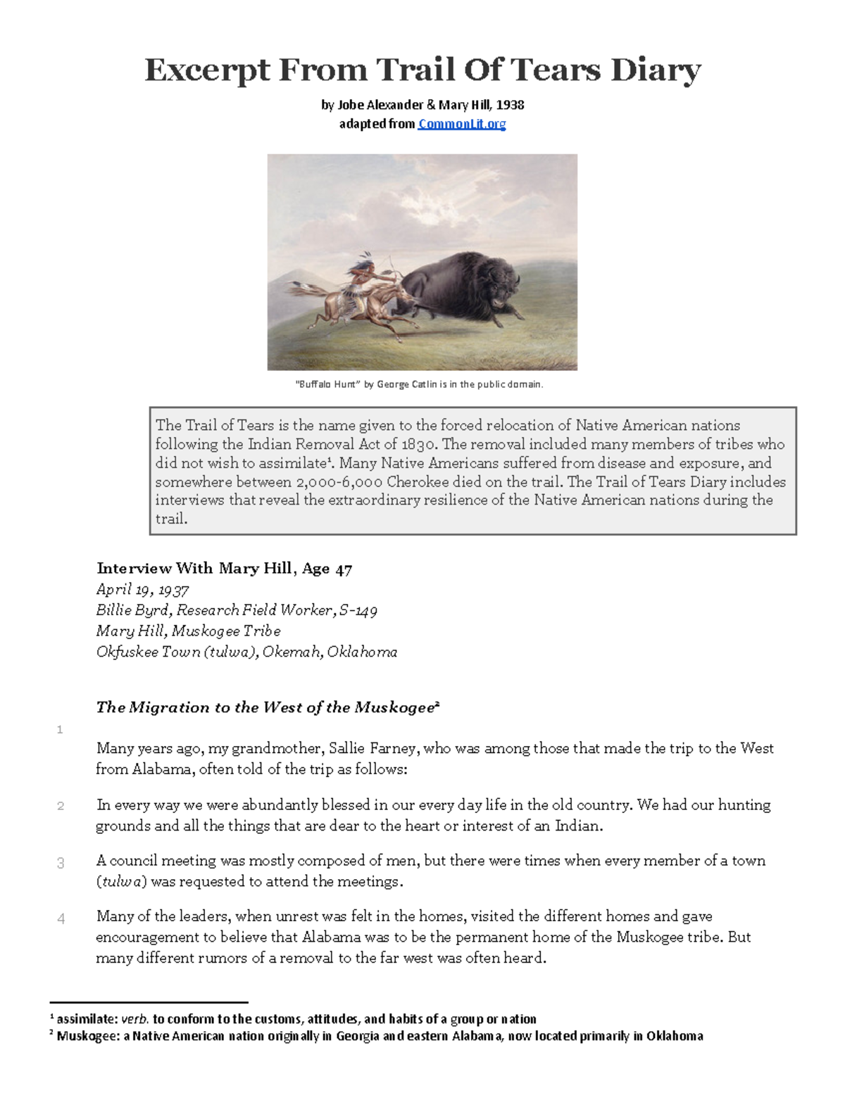 Copy of Excerpt from Trail of Tears Diary - Excerpt From Trail Of Tears ...