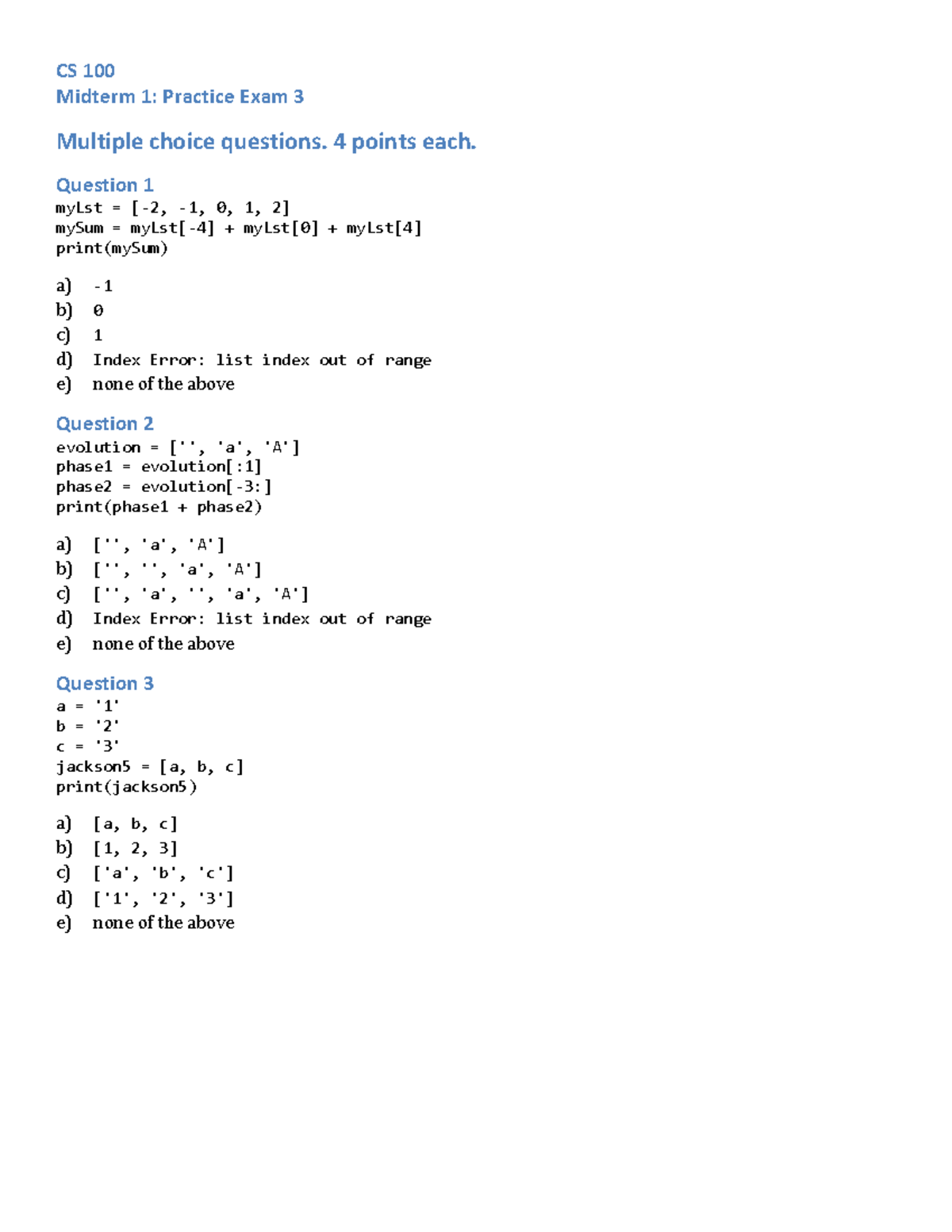 Midterm 1 pe3 - CS 100 Midterm 1: Practice Exam 3 Multiple choice ...