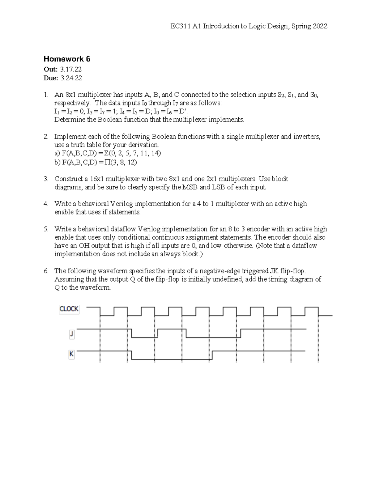 EC311 HW6(10) - Prof. Tali Moreshet - EC311 A1 Introduction to Logic ...