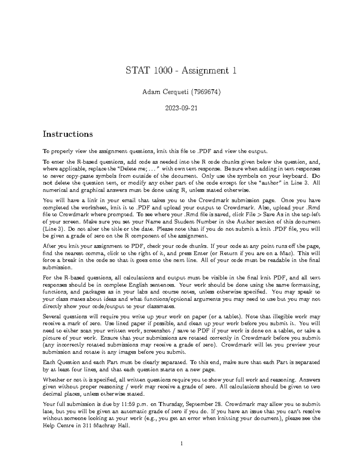 STAT 1000 Assignment 1 Student Version Tuesday 1 - STAT 1000 ...