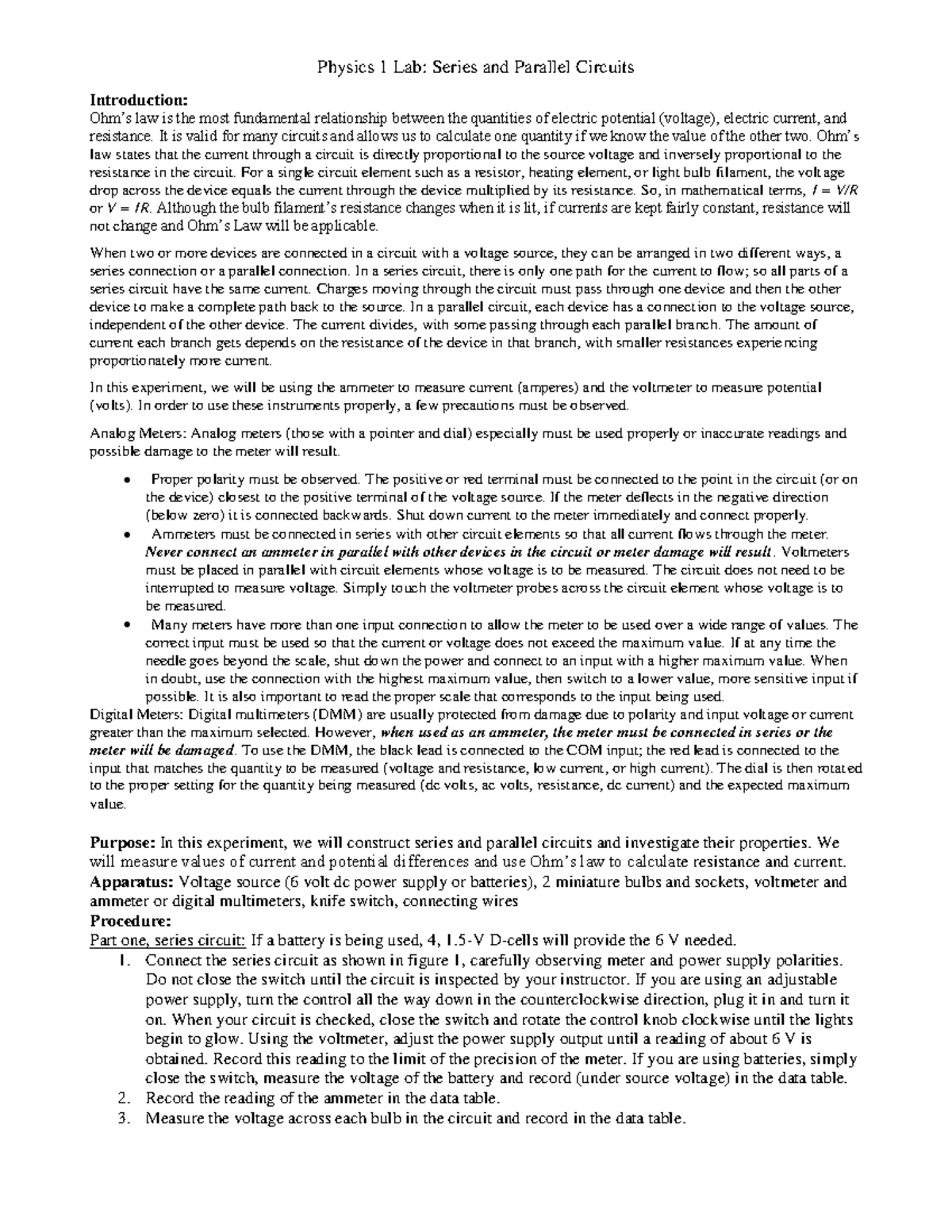 Series and Parallel Circuits lab - Physics 1 Lab: Series and Parallel ...