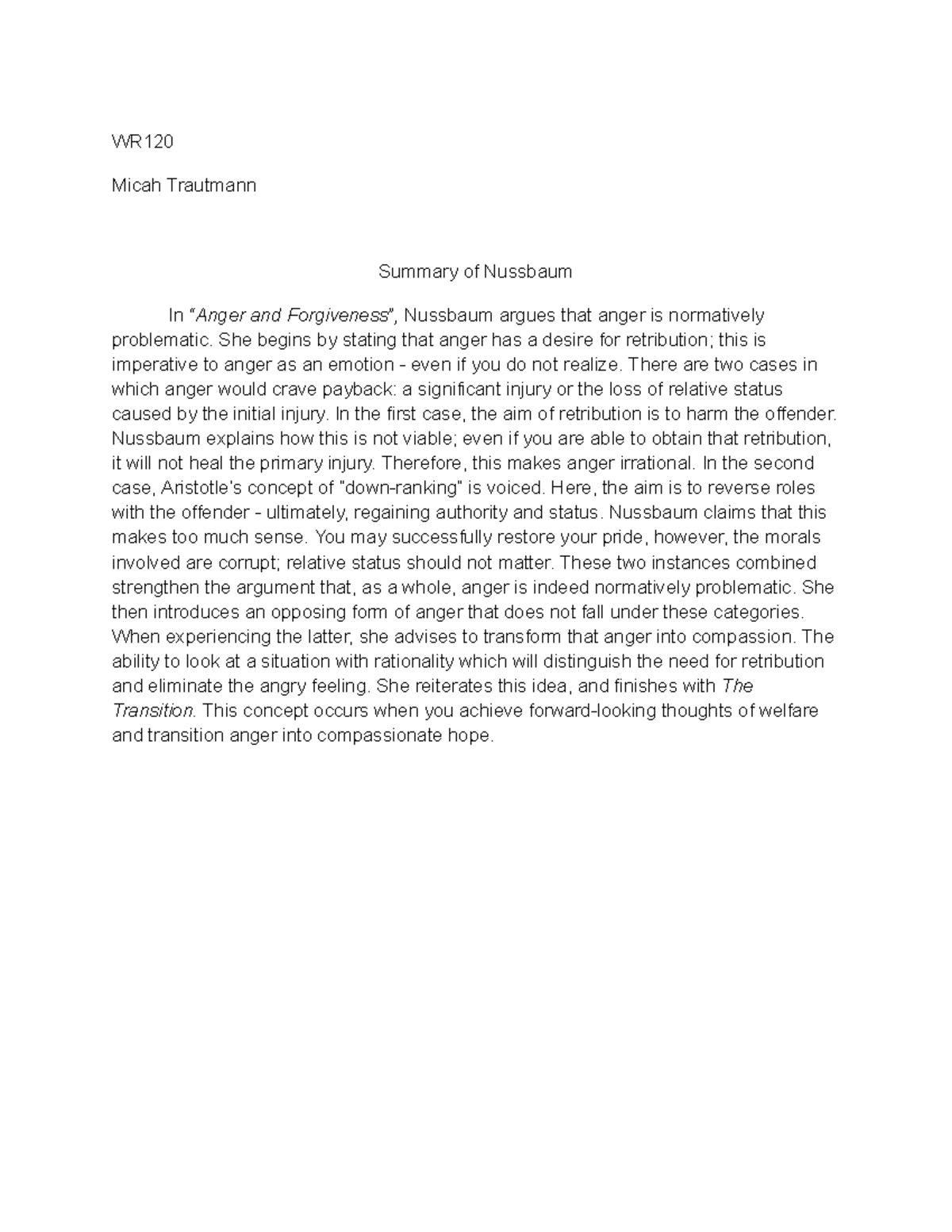 Nussbaum Summary-2 - Juliet Pennington - WR Micah Trautmann Summary of ...