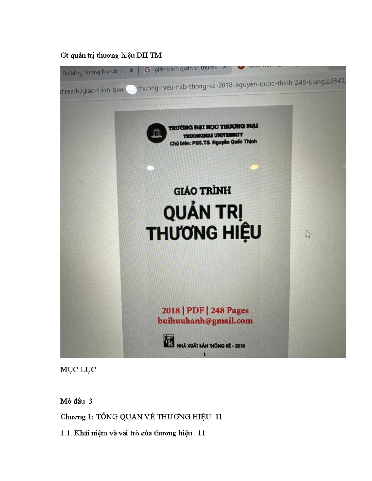 Gt quản trị thương hiệu ĐH TM - Gt quản trị thương hiệu ĐH TM MỤC LỤC Mở đầu 3 Chương 1: TỔNG ...