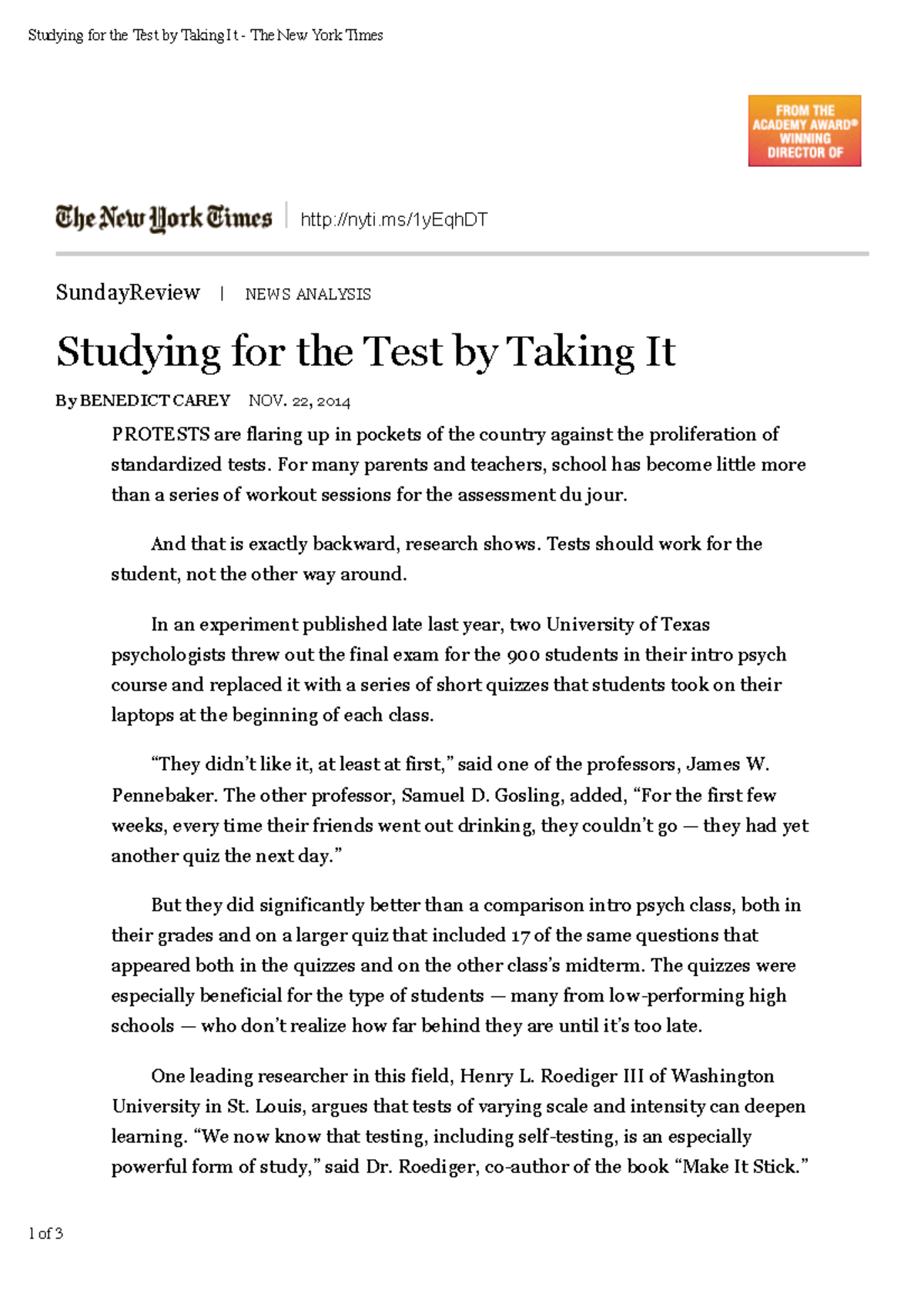 Study Notes: Studying for the Test by Taking It - nyti/1yEqhDT ...
