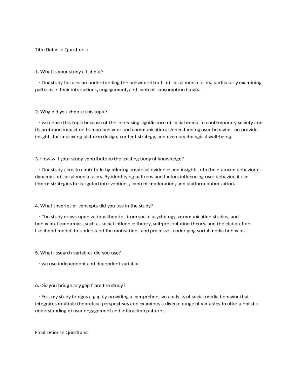 Title Defense Questions - Title Defense Questions: What is your study ...