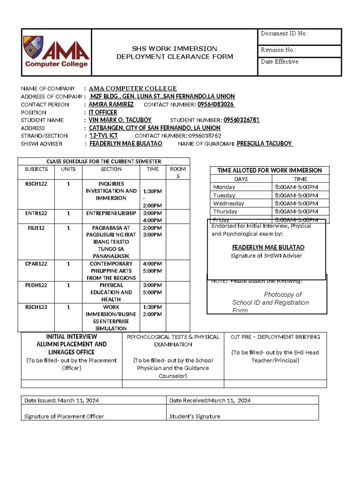 WI- Deployment- Clearance-FORM - SHS WORK IMMERSION DEPLOYMENT ...