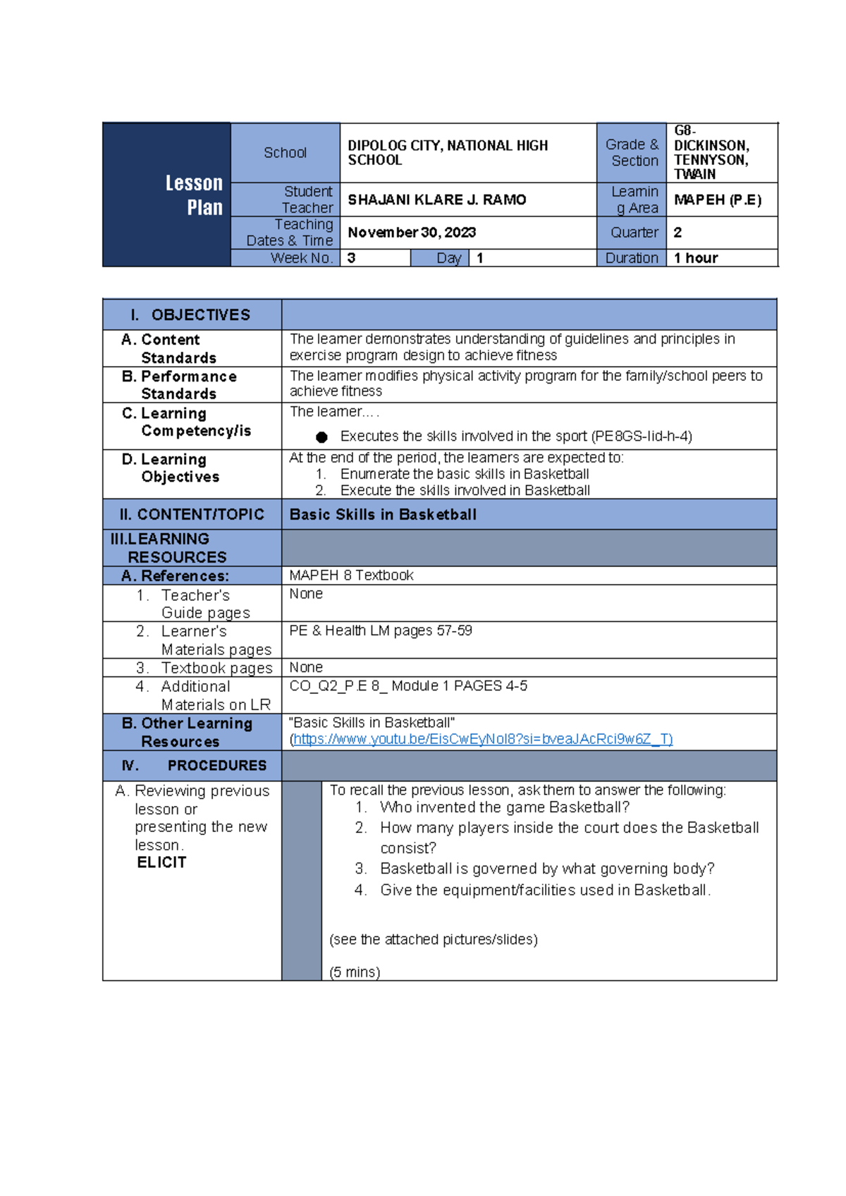 Basketball Lesson PLAN- Shajani - Lesson Plan School DIPOLOG CITY ...