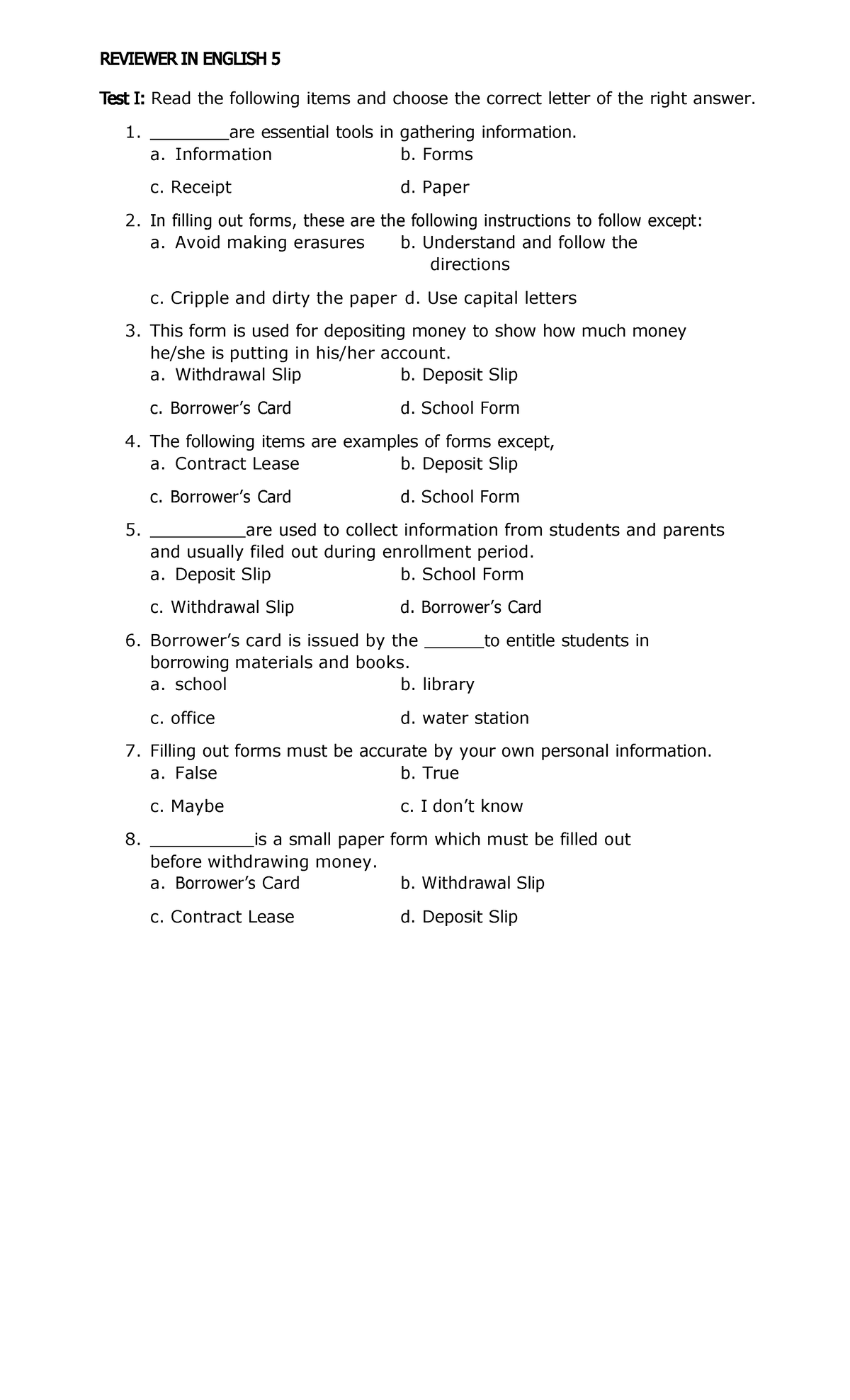 1st quater exam English - REVIEWER IN ENGLISH 5 Test I: Read the ...