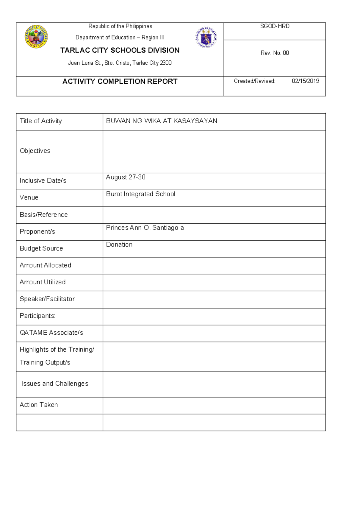 Activity Completion Report template - Republic of the Philippines ...