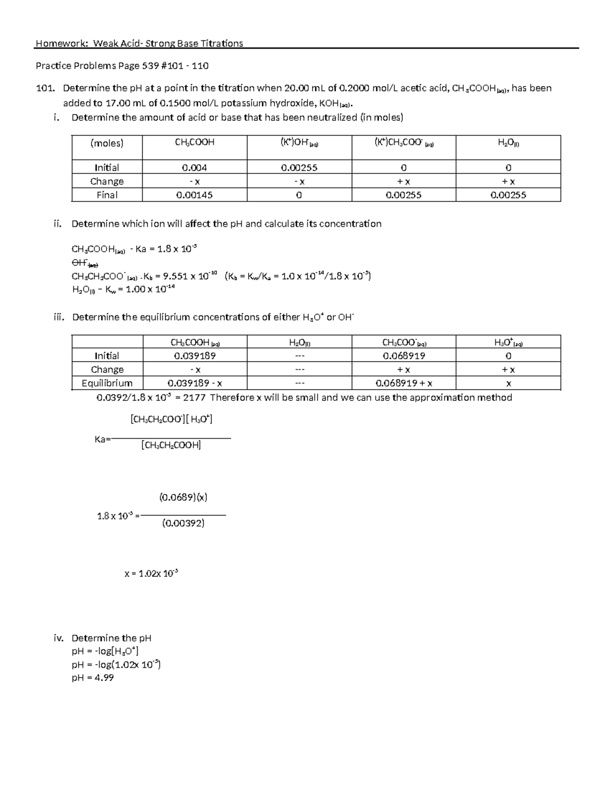 Homework - weak acid strong base titrations - Homework: Weak Acid ...