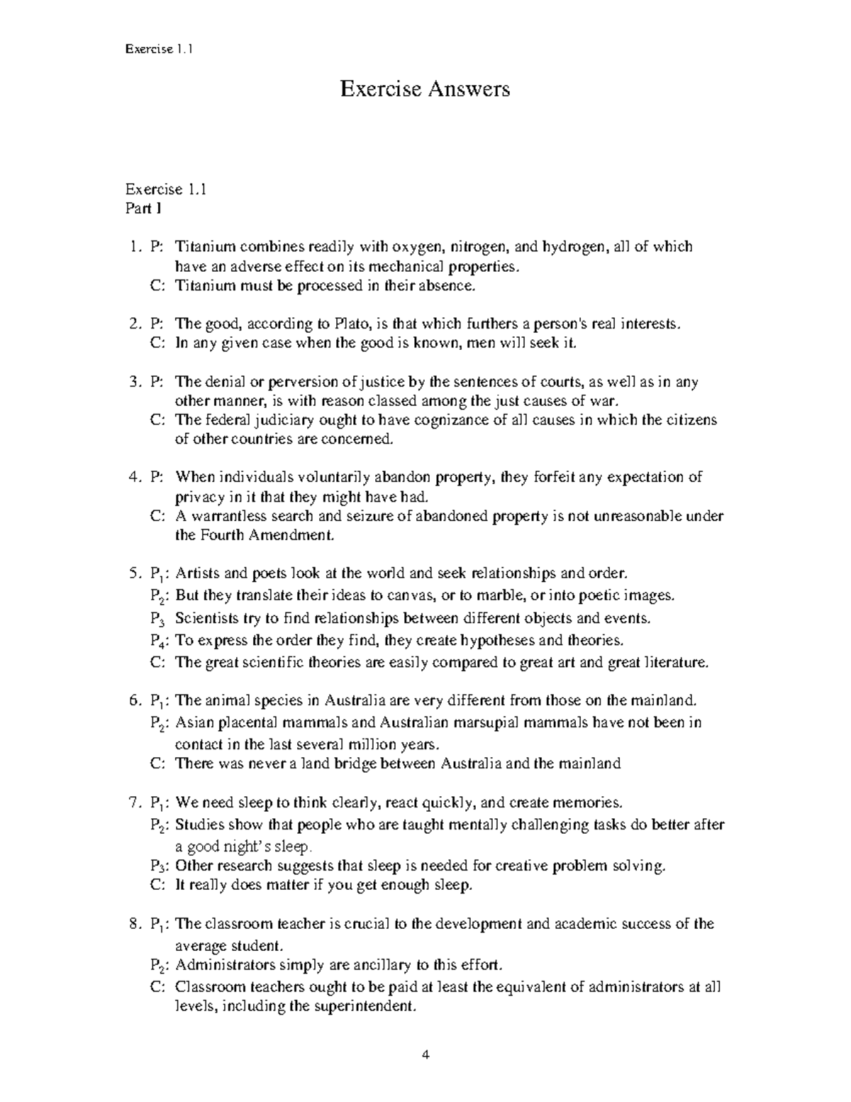 Answer Patrick Hurley - A Concise Introduction To Logic - Exercise Answers-1-1 - Exercise ...