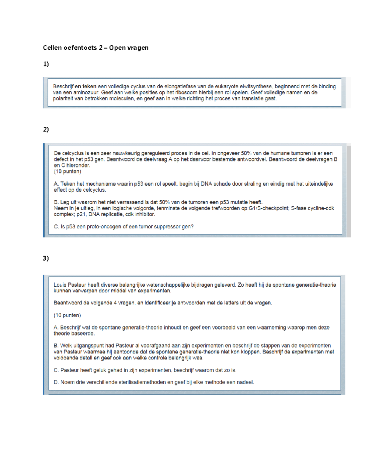 Cellen oefentoets 2 - open vragen - Cellen oefentoets 2 – Open vragen 1) 2) 3) - Studeersnel