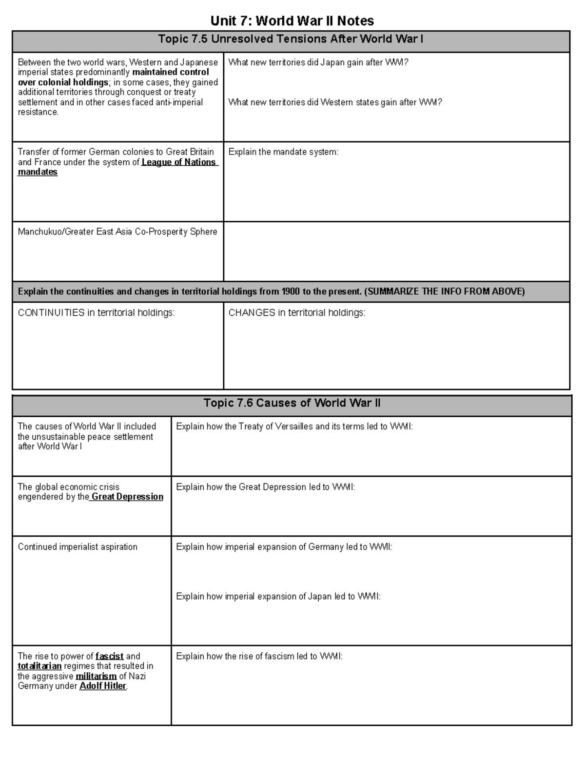 7.7- Unit 7 WWII Guided Notes - Unit 7: World War II Notes Topic 7 ...
