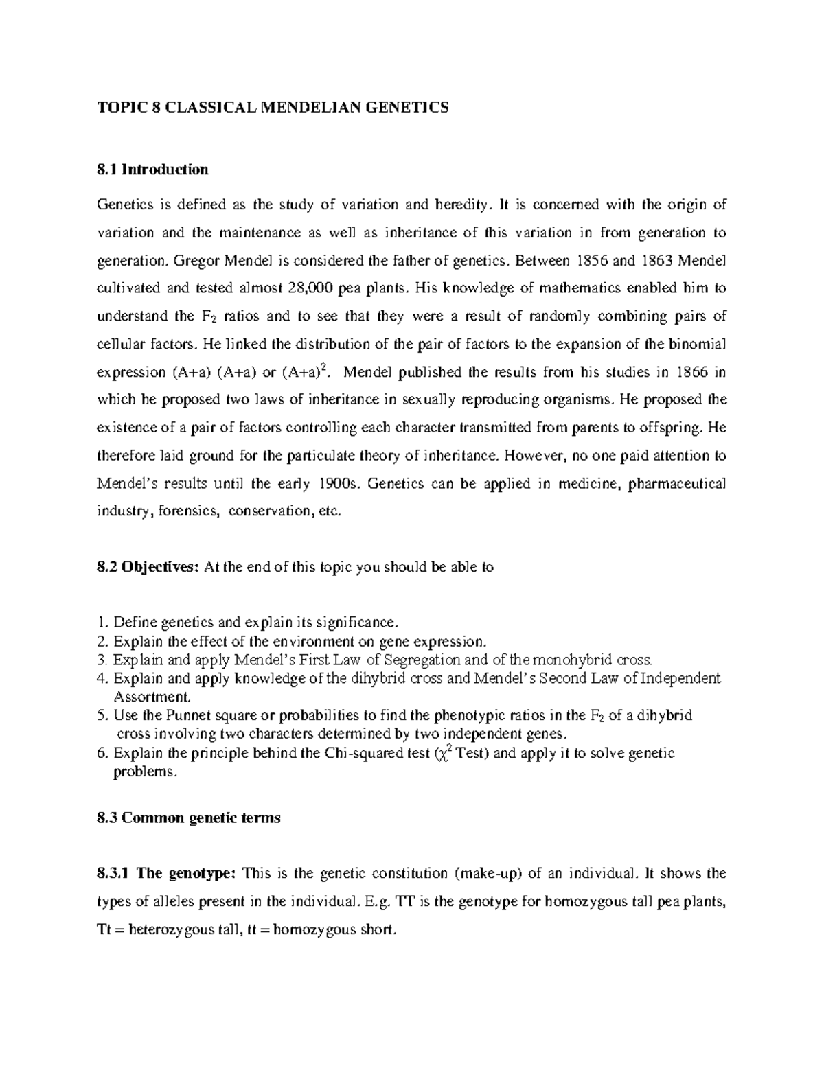 Topic 8 Classical Mendelian genetics 2021 - TOPIC 8 CLASSICAL MENDELIAN ...