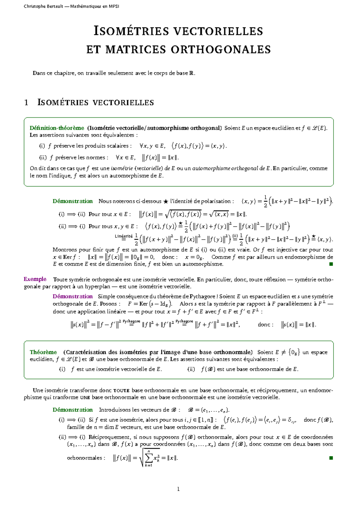 Cours - Isometries vectorielles et matrices orthogonales - ISOMÉTRIES VECTORIELLES ET MATRICES ...