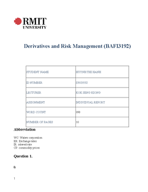 S3848084 Hoang Ny BAFI3192 - BAFI3192: DERIVATIVES AND RISK MANAGEMENT SEMESTER 1, 2024 ...