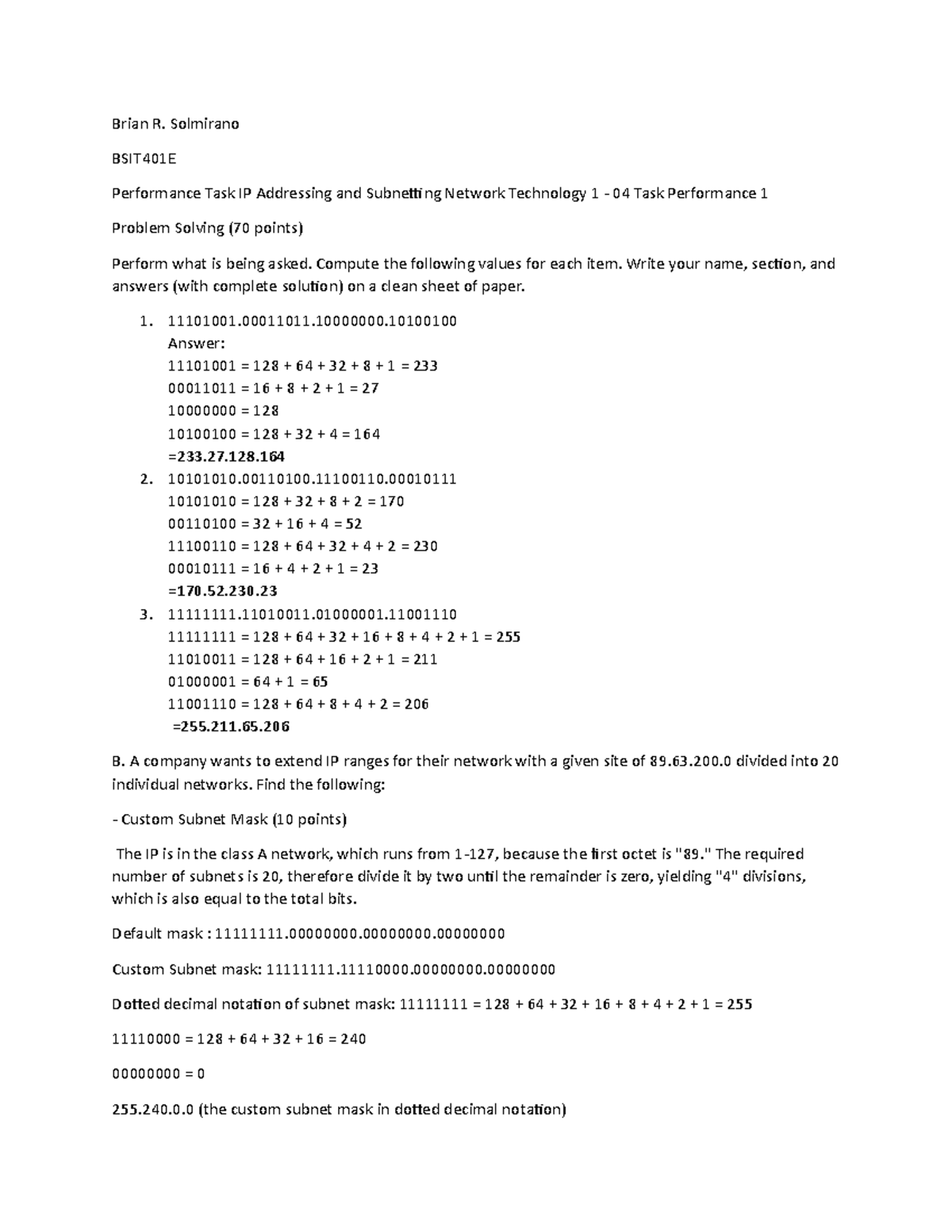 Nettech TP - Brian R. Solmirano BSIT401E Performance Task IP Addressing and Subnetting Network ...