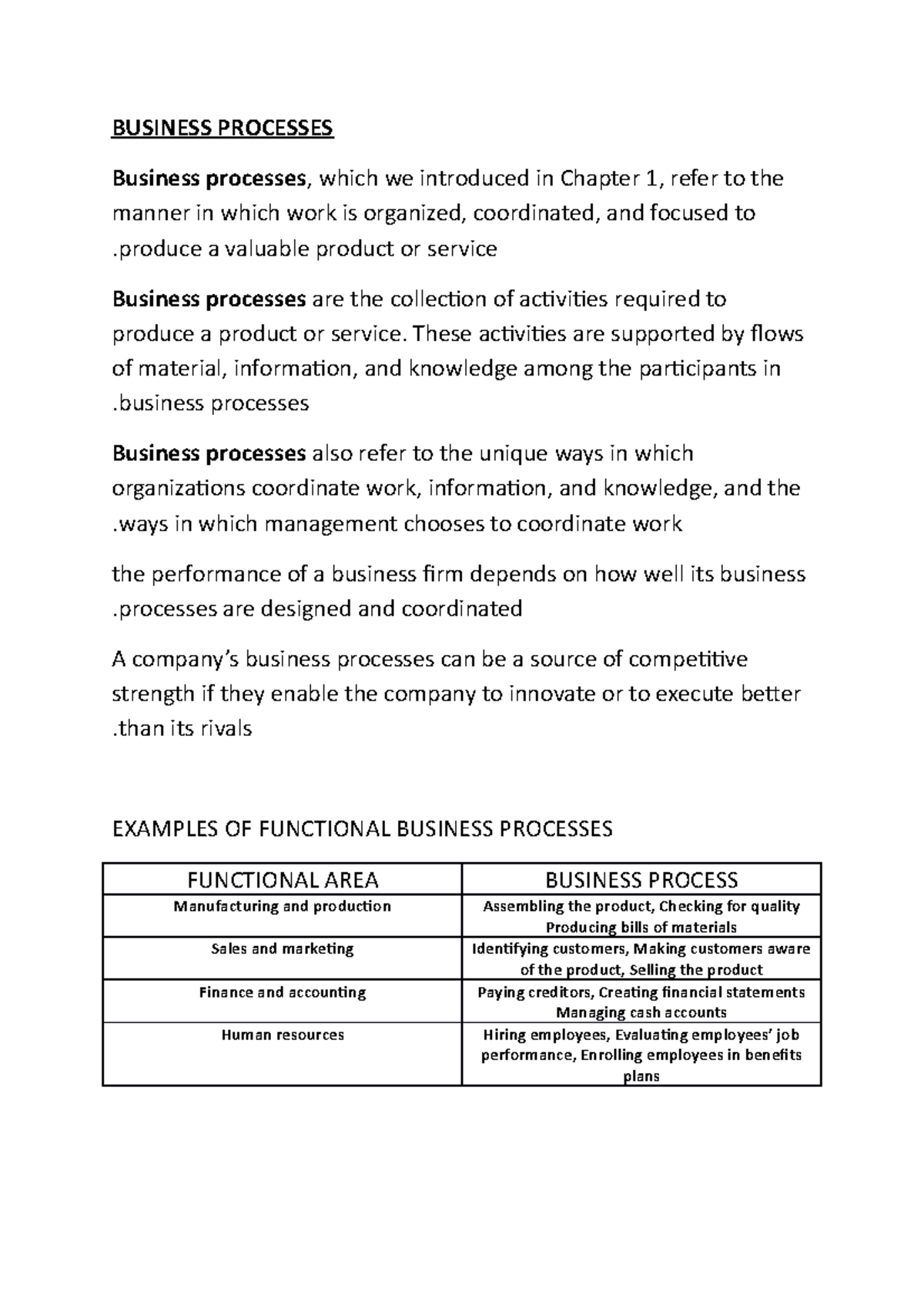 M chp2 - summury - BUSINESS PROCESSES Business processes, which we introduced in Chapter 1 ...