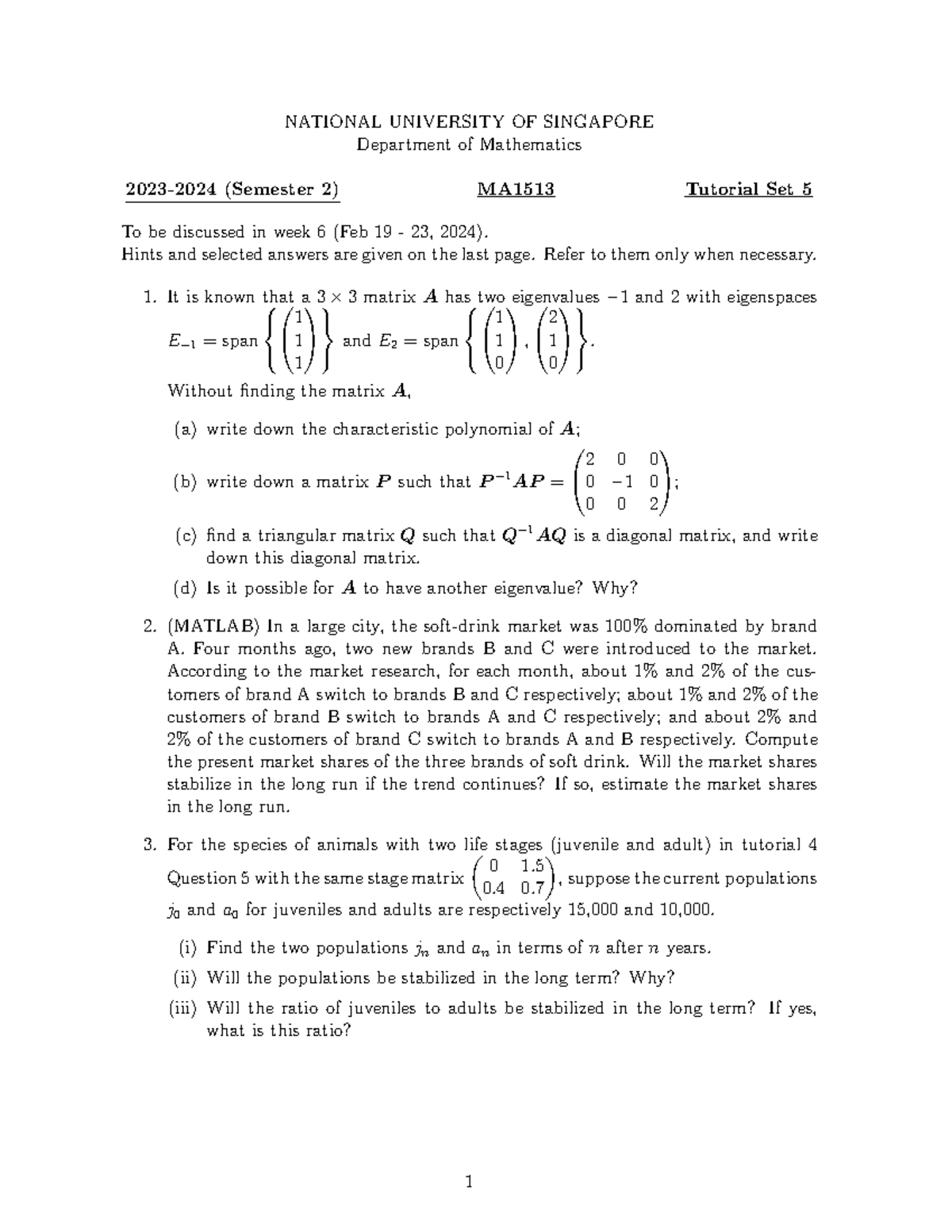 Tutorial Set 5 - Hints and selected answers are given on the last page ...