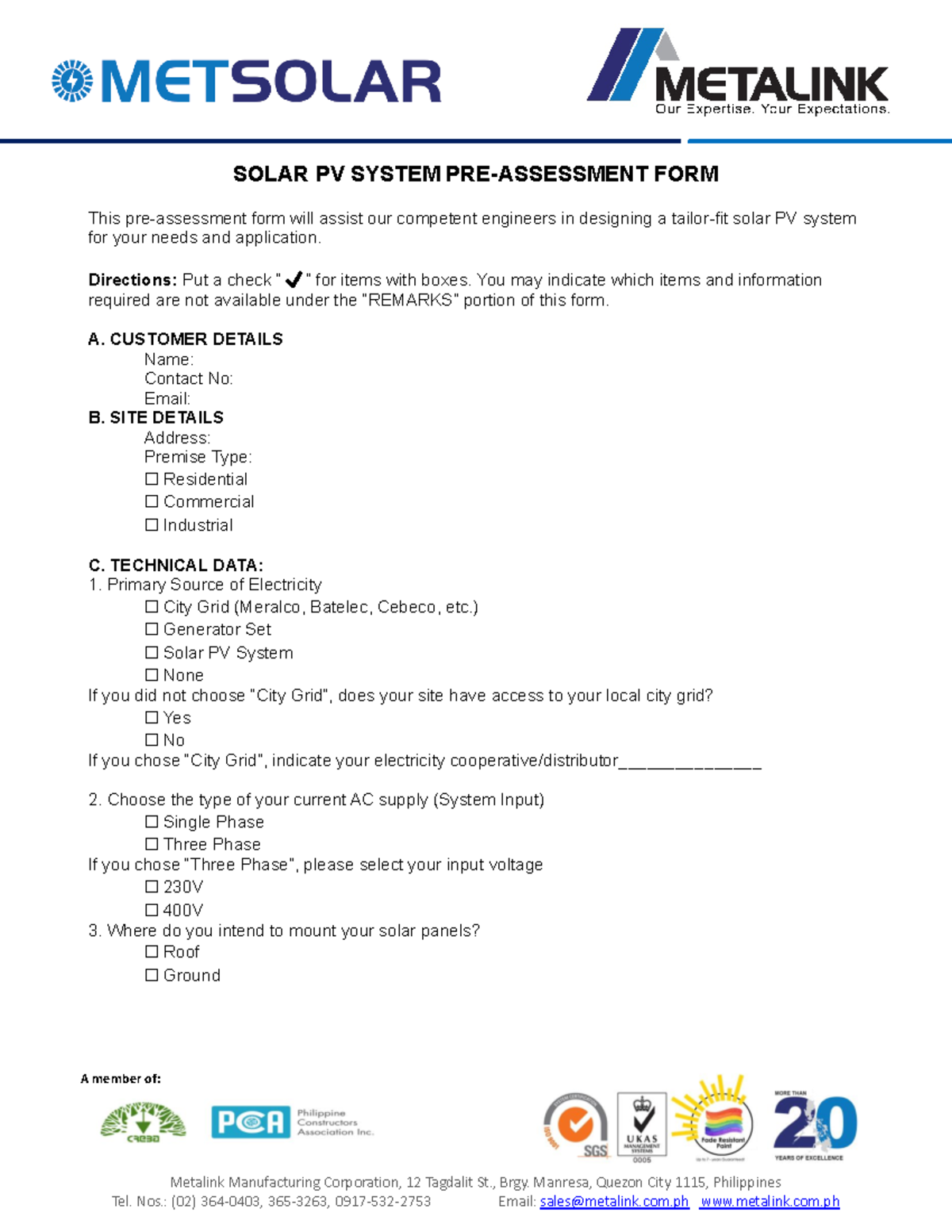 Solar PRE- Assessment FORM - Metalink Manufacturing Corporation, 12 ...