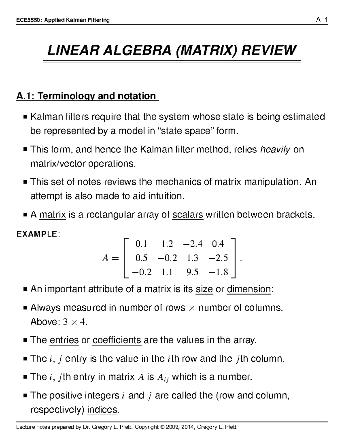 Linear Algebra (Matrix) Review - ECE5550: Applied Kalman Filtering A ...