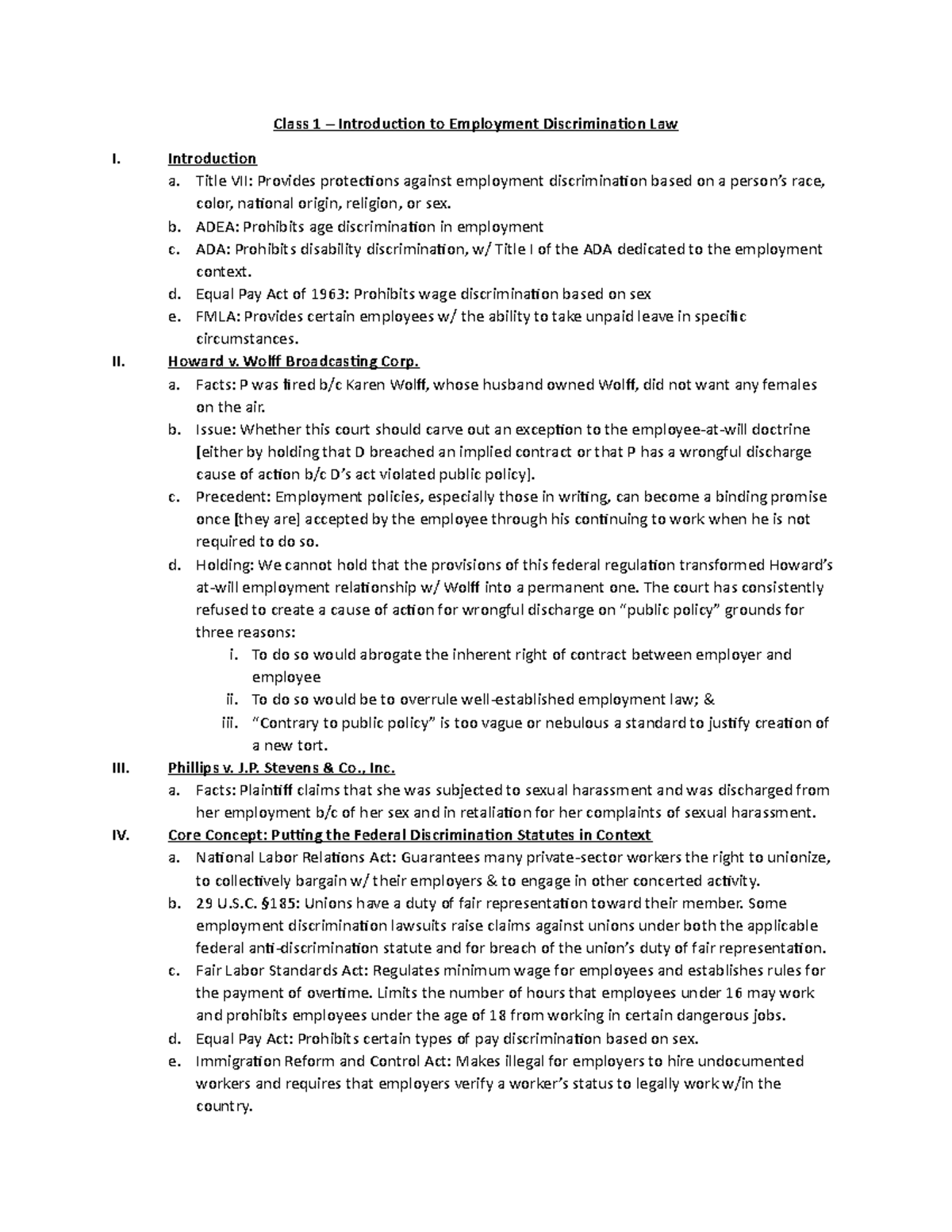 Class 1 - Employment Discrimination - Class 1 – Introduction to ...